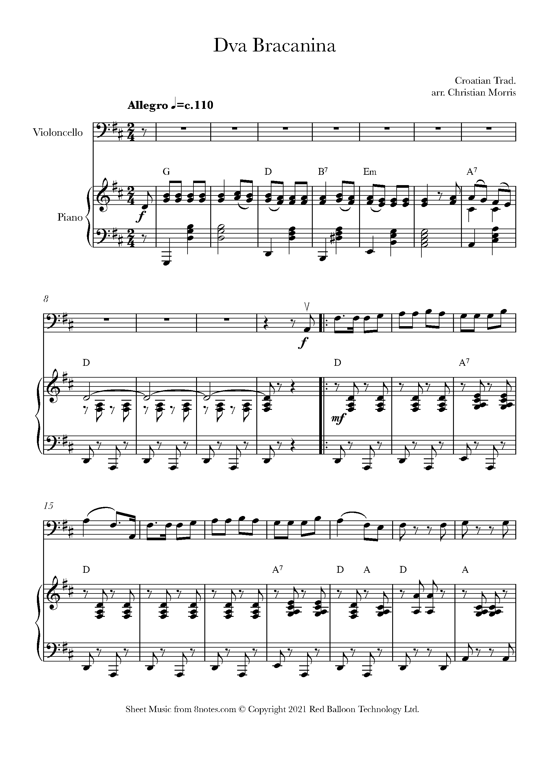 Dva Bracanina (Croatian Trad.) Sheet music for Cello - 8notes.com