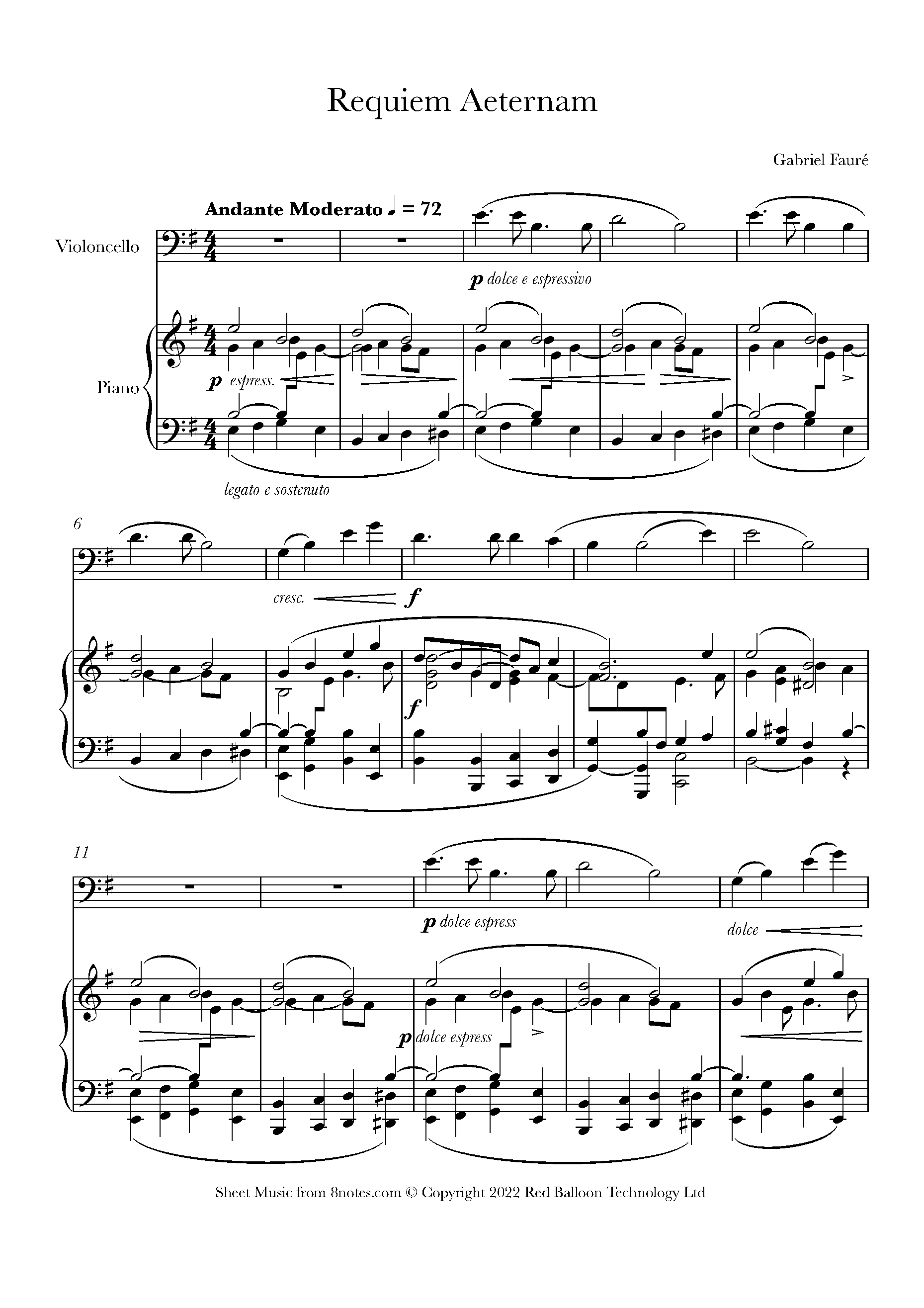 Fauré - Requiem Aeternam Sheet music for Cello - 8notes.com