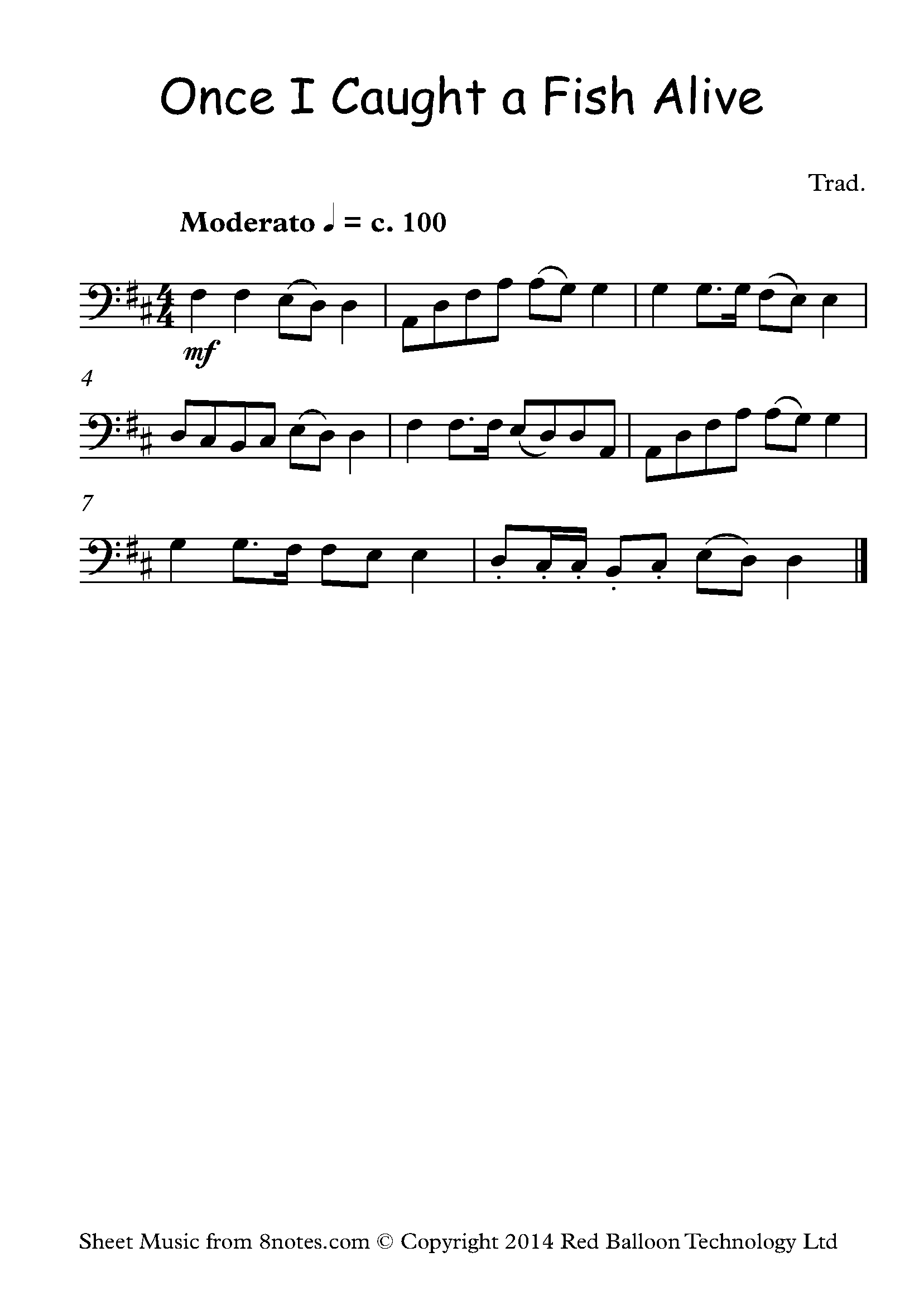 Once I caught a fish alive Sheet music for Cello - 8notes.com