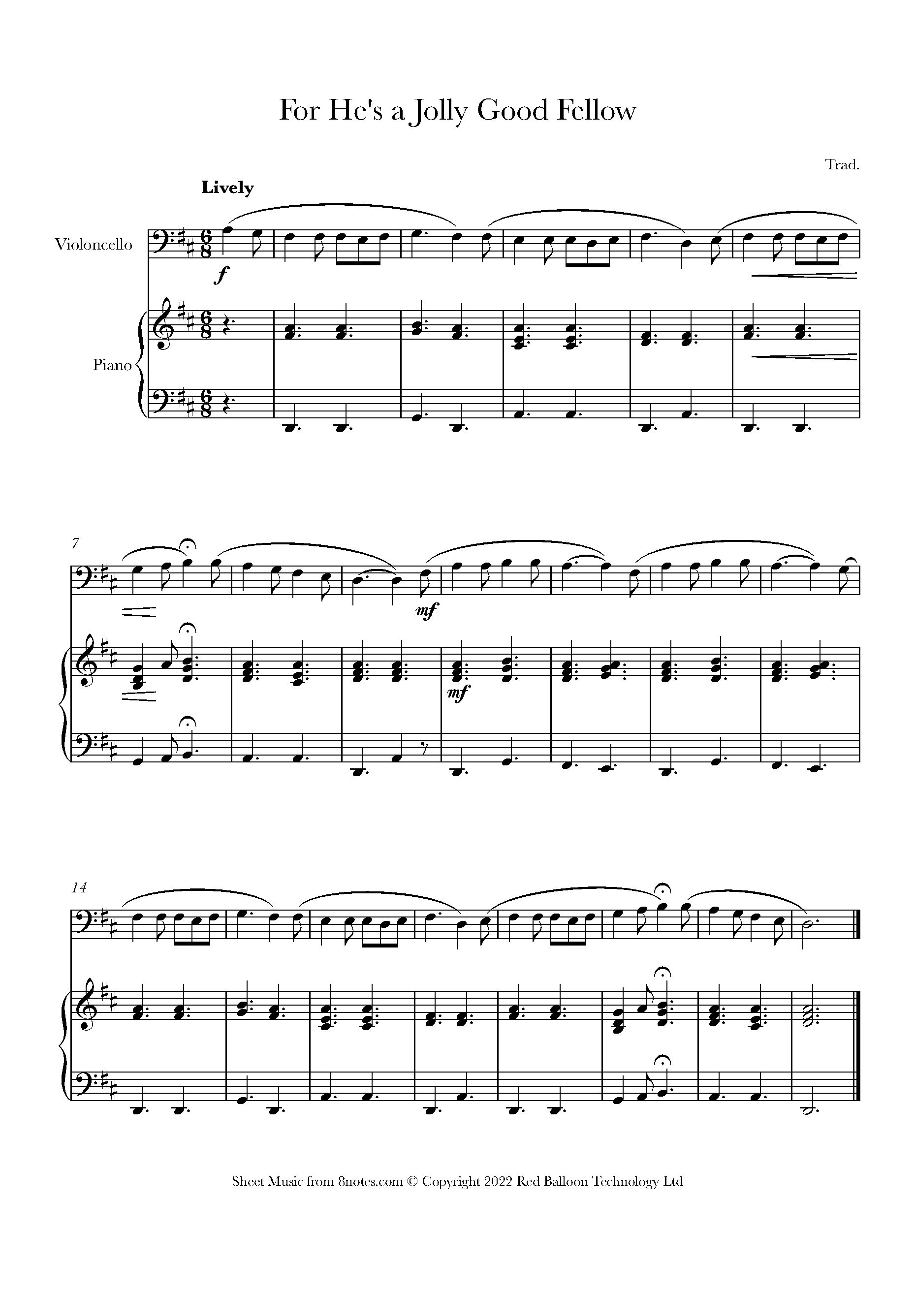 For he's a jolly good fellow Sheet music for Cello - 8notes.com