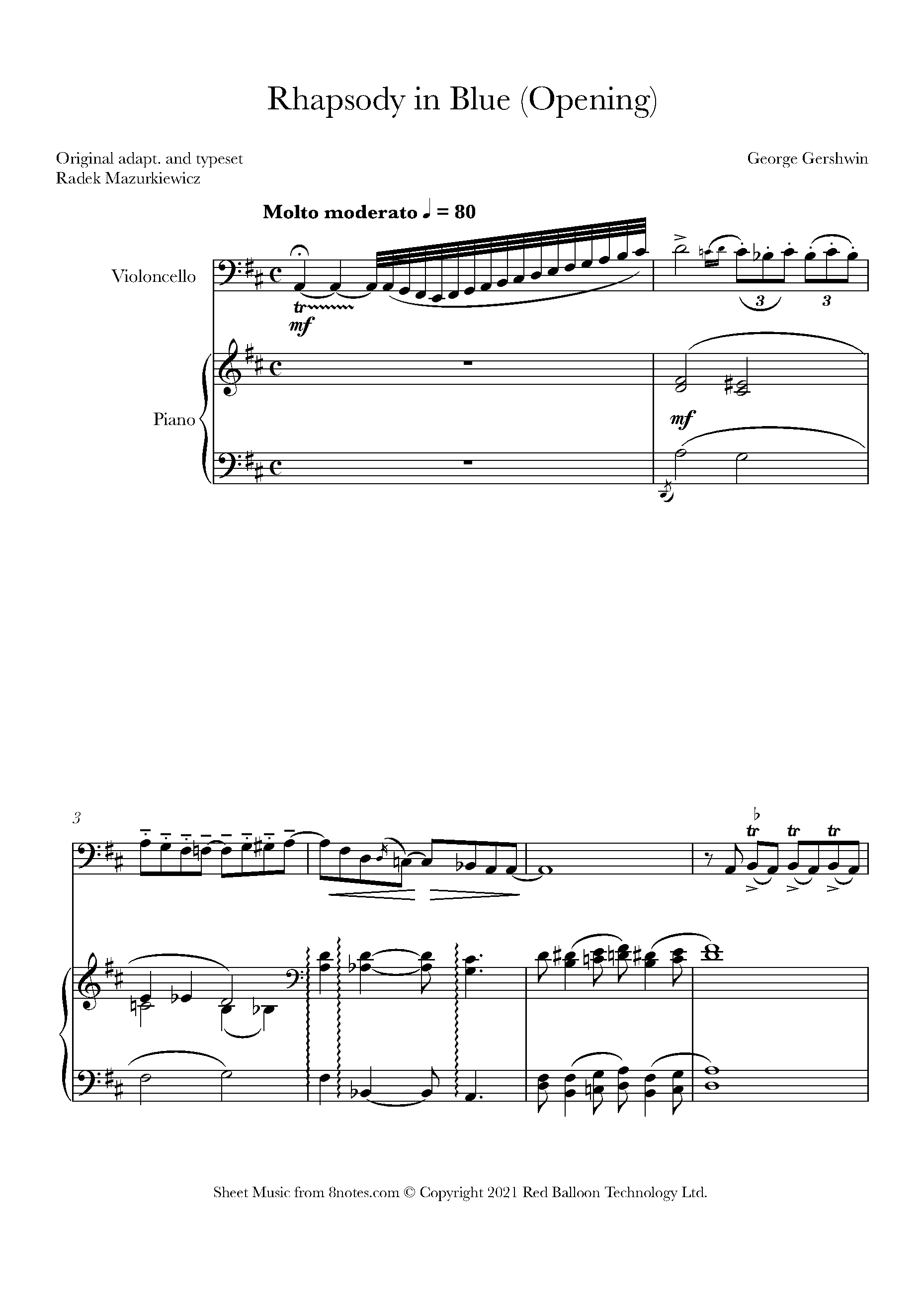 Gershwin - Rhapsody in Blue (Opening) Sheet music for Cello - 8notes.com