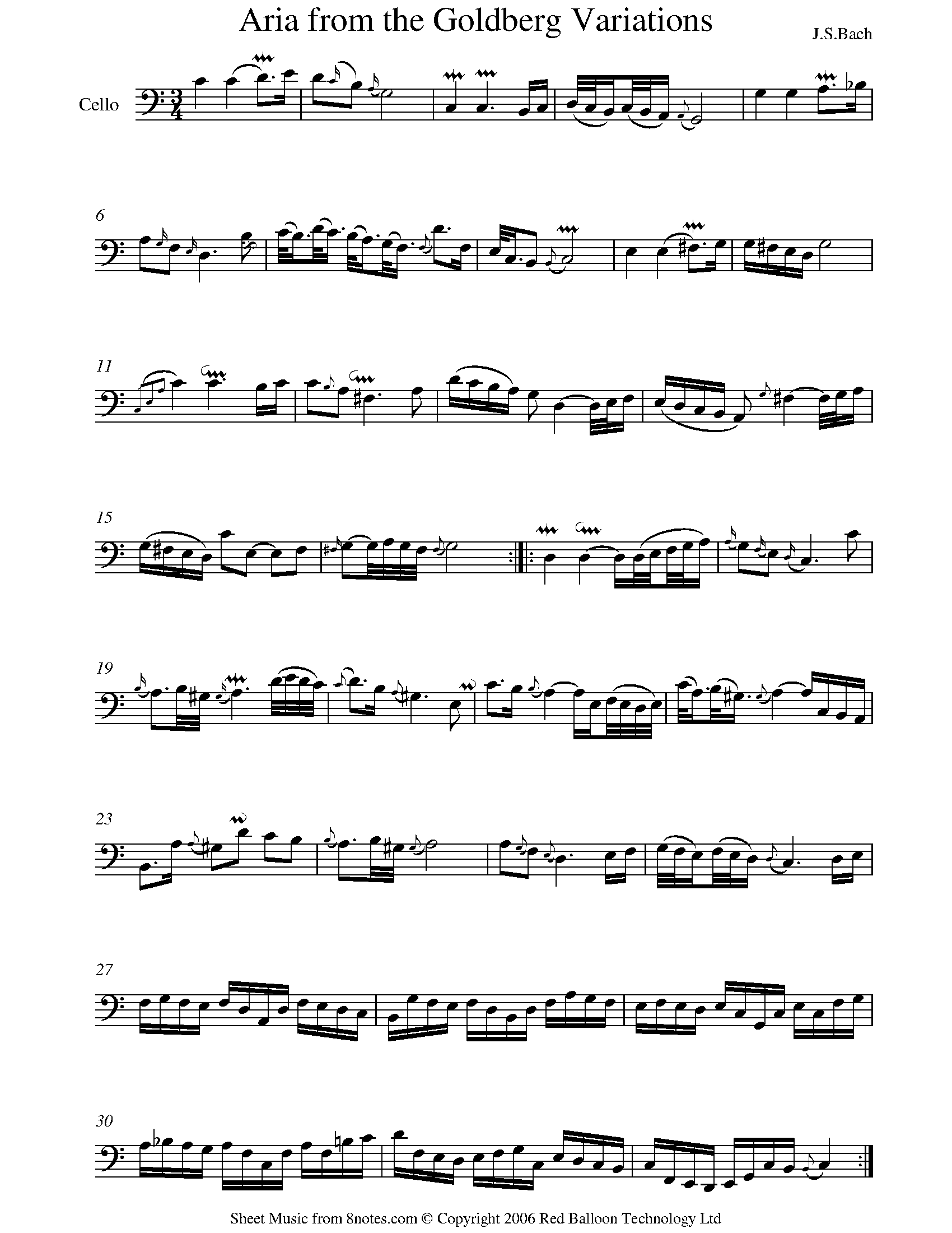 Bach - Aria from Goldberg Variations Sheet music for Cello - 8notes.com