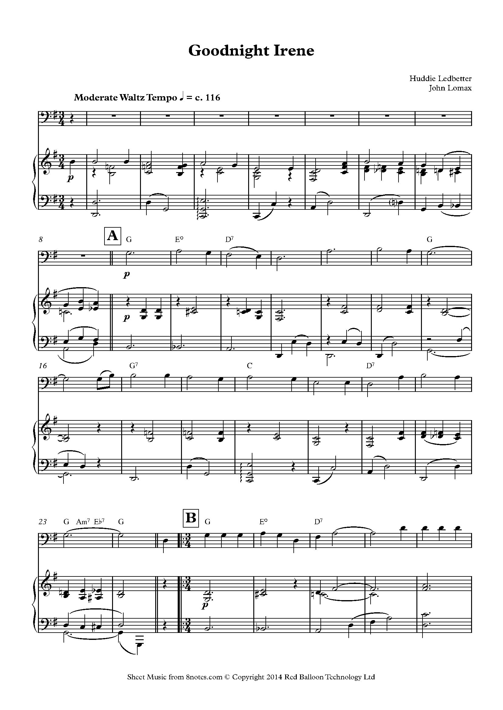 Leadbelly - Goodnight, Irene Sheet music for Cello - 8notes.com
