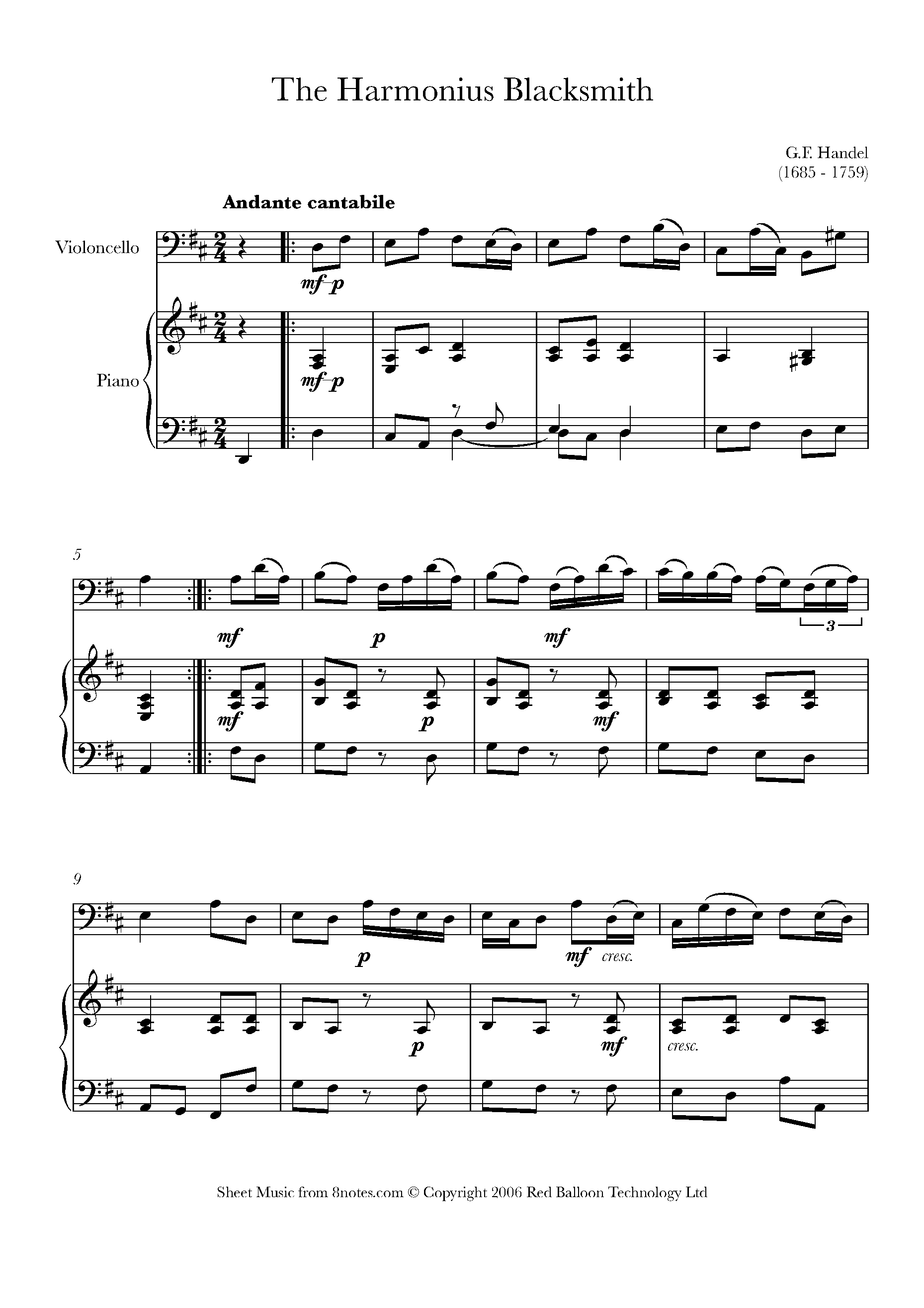 Handel - Harmonius Blacksmith Sheet music for Cello - 8notes.com