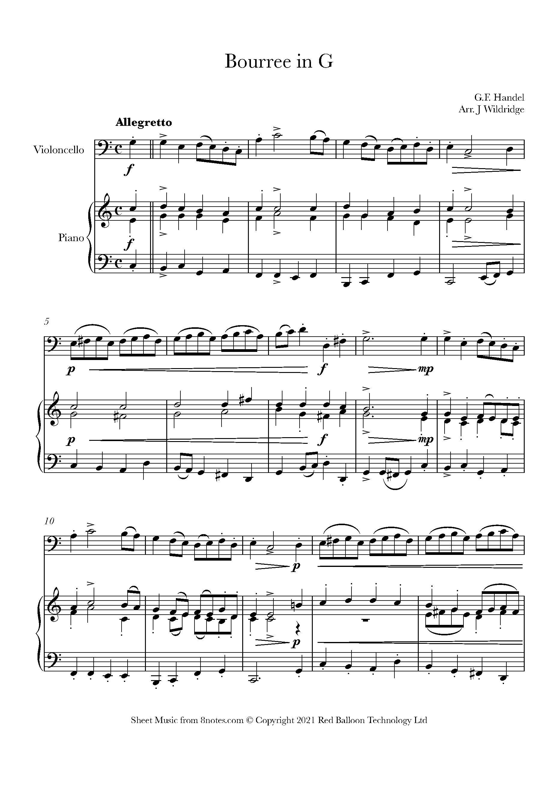Handel - Bourree in G Sheet music for Cello - 8notes.com