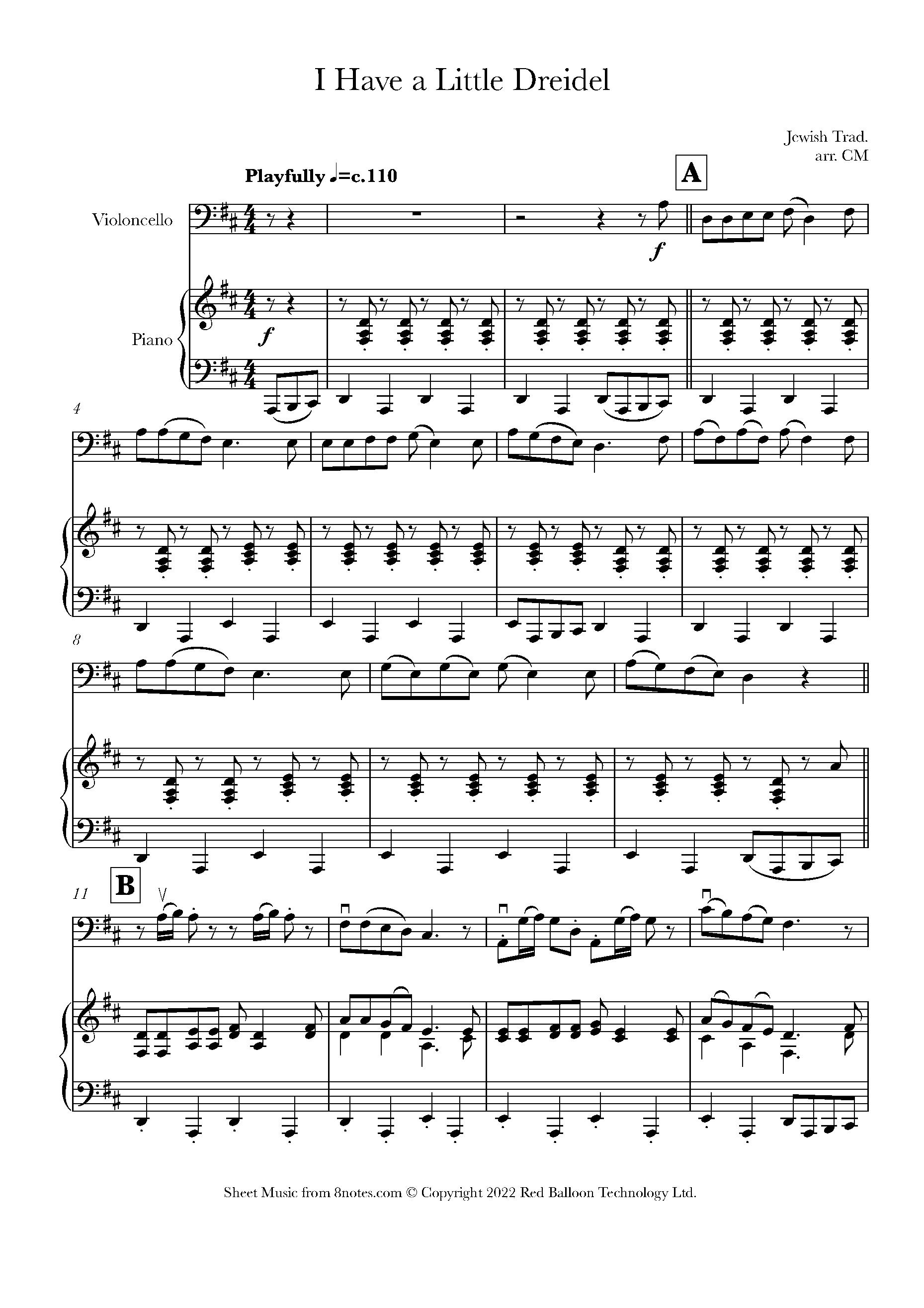 I Have a Little Dreidel (Jewish Trad.) Sheet music for Cello - 8notes.com