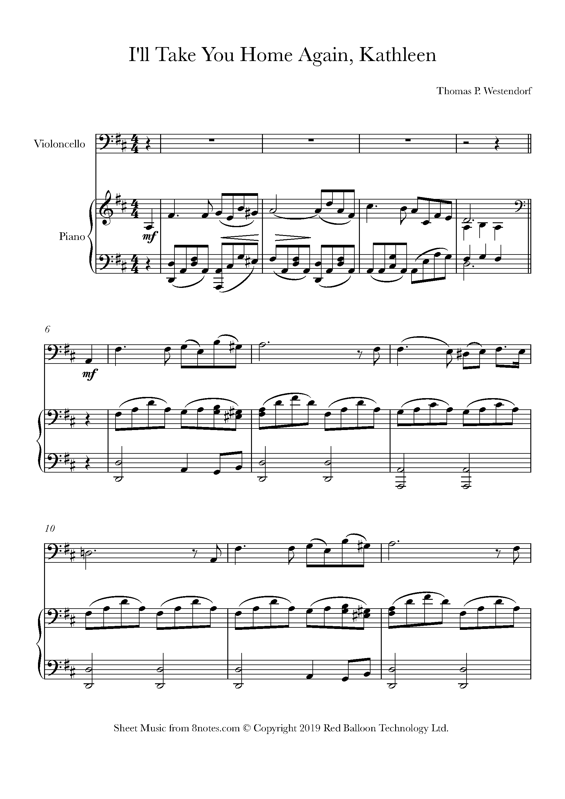 I'll Take You Home Again, Kathleen Sheet music for Cello - 8notes.com