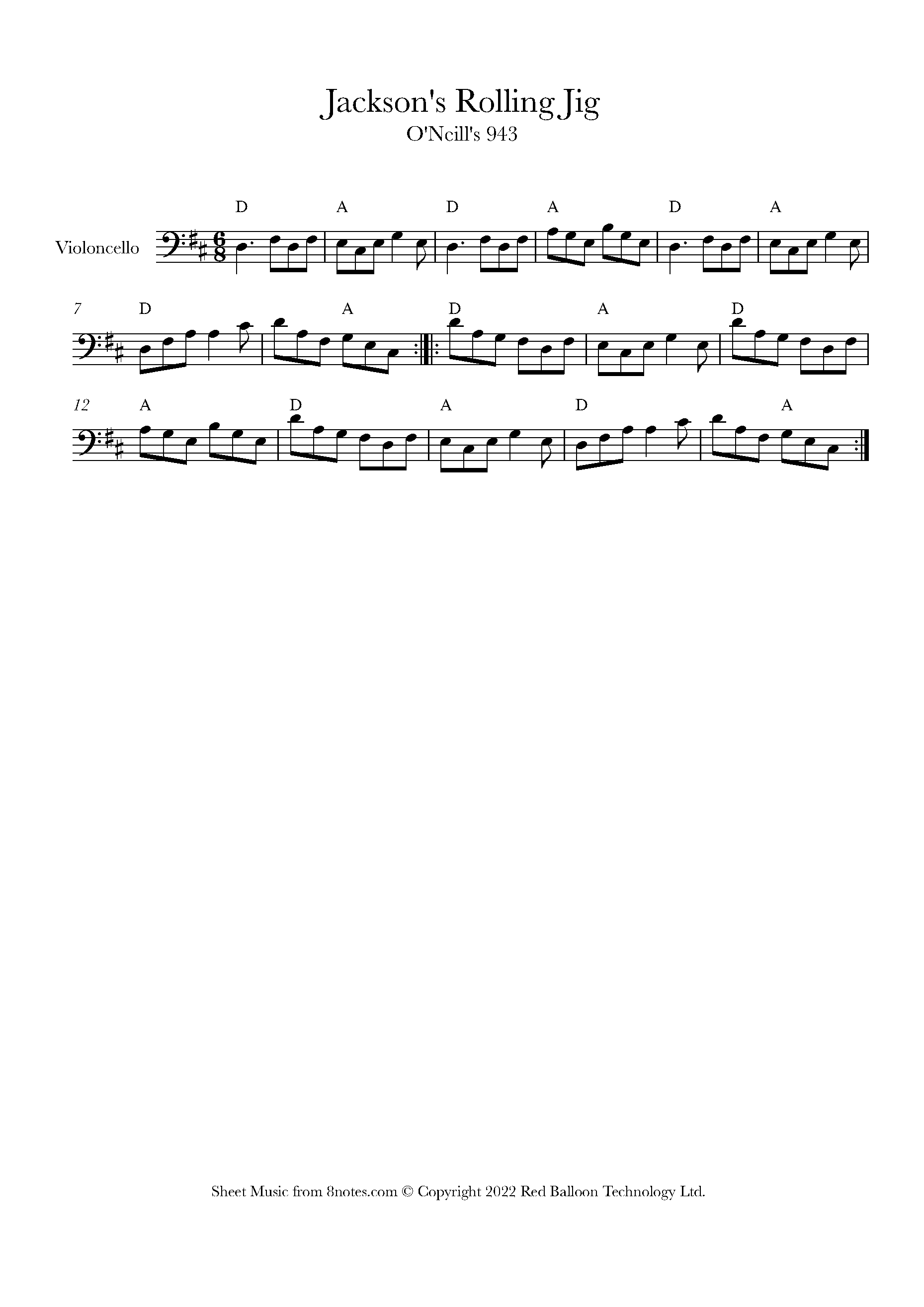 Jackson's Rolling Jig (Irish Trad.) Sheet music for Cello - 8notes.com