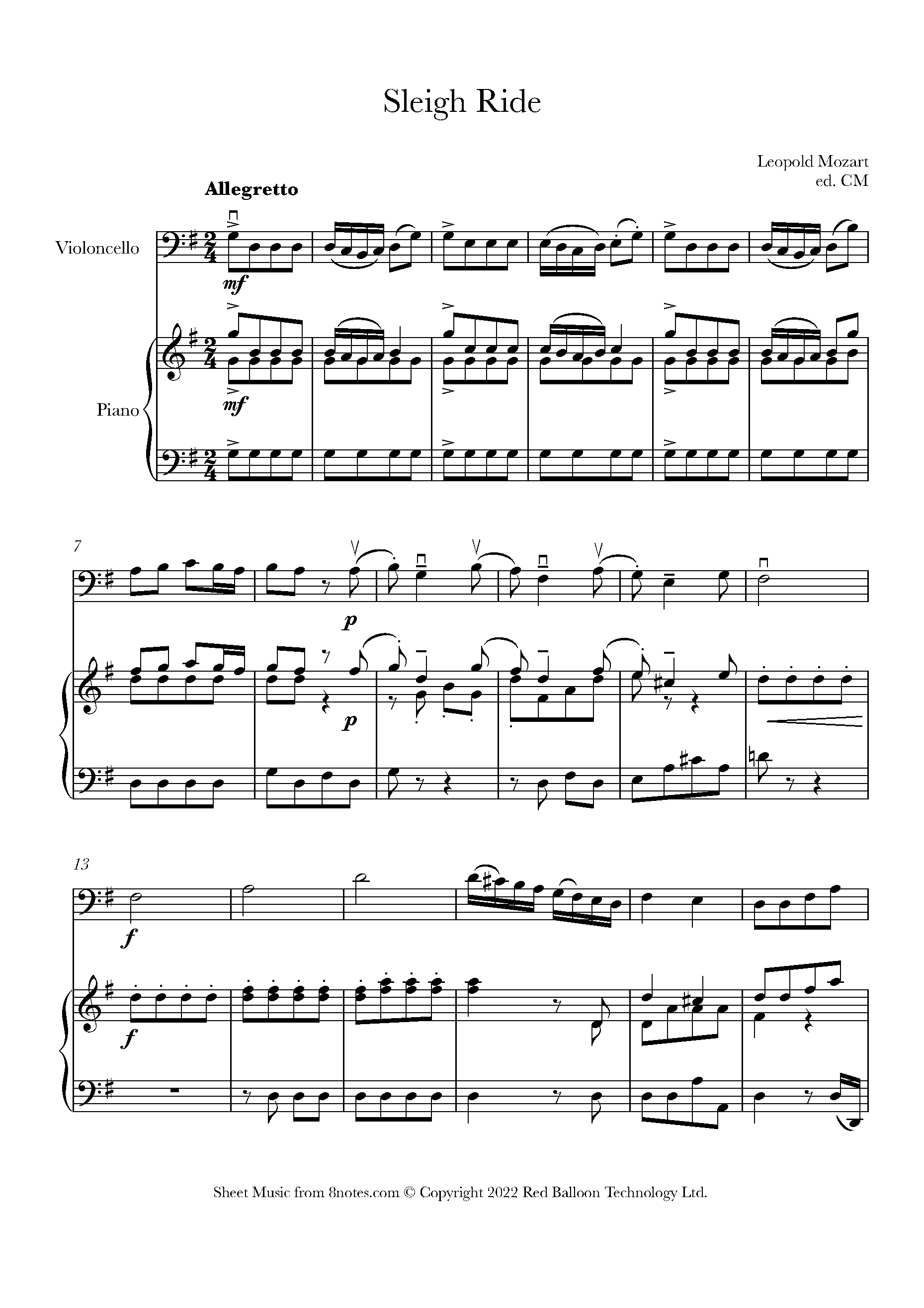 Mozart - Sleigh Ride Sheet music for Cello - 8notes.com
