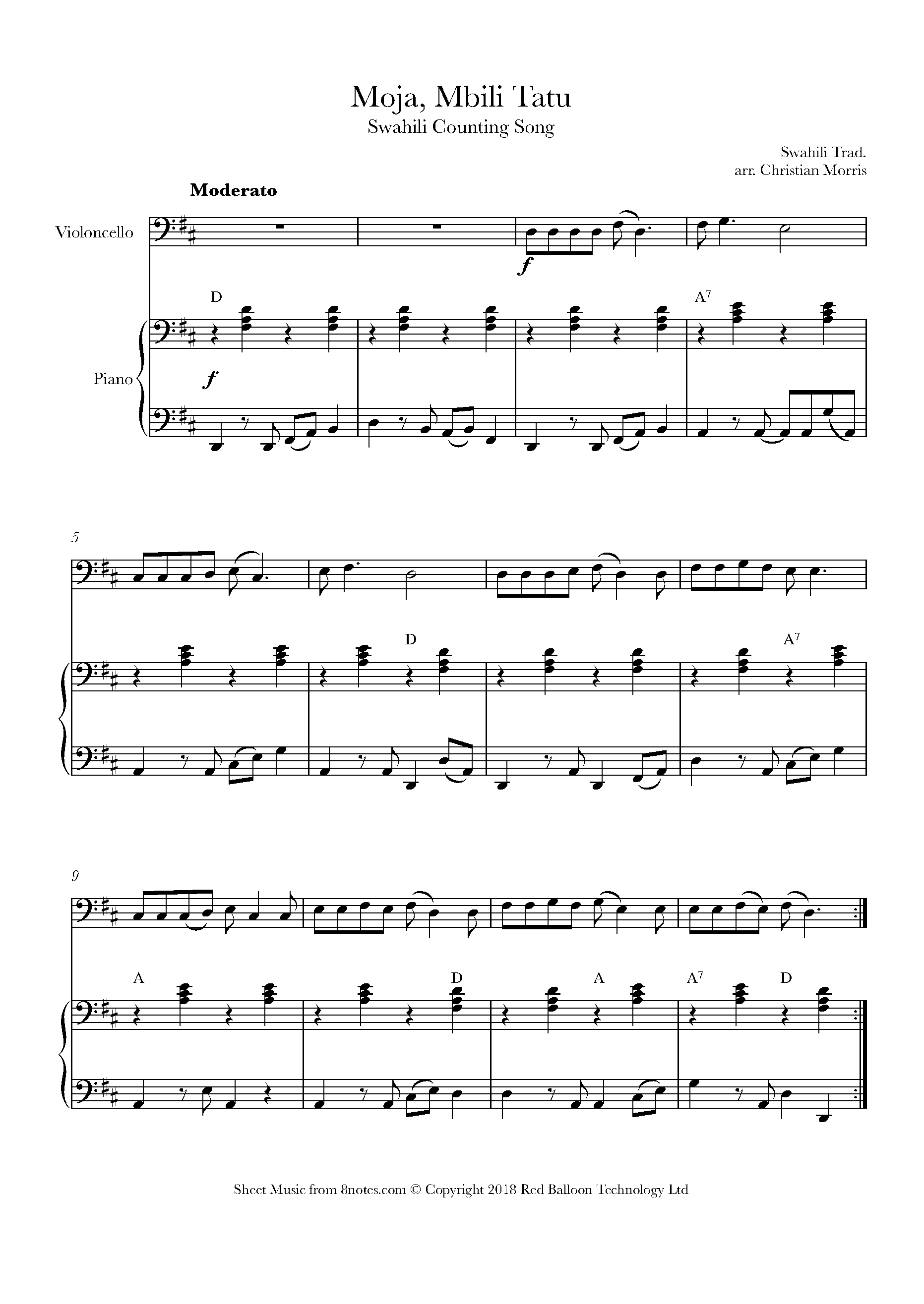 Moja Mbili Tatu Sheet music for Cello - 8notes.com