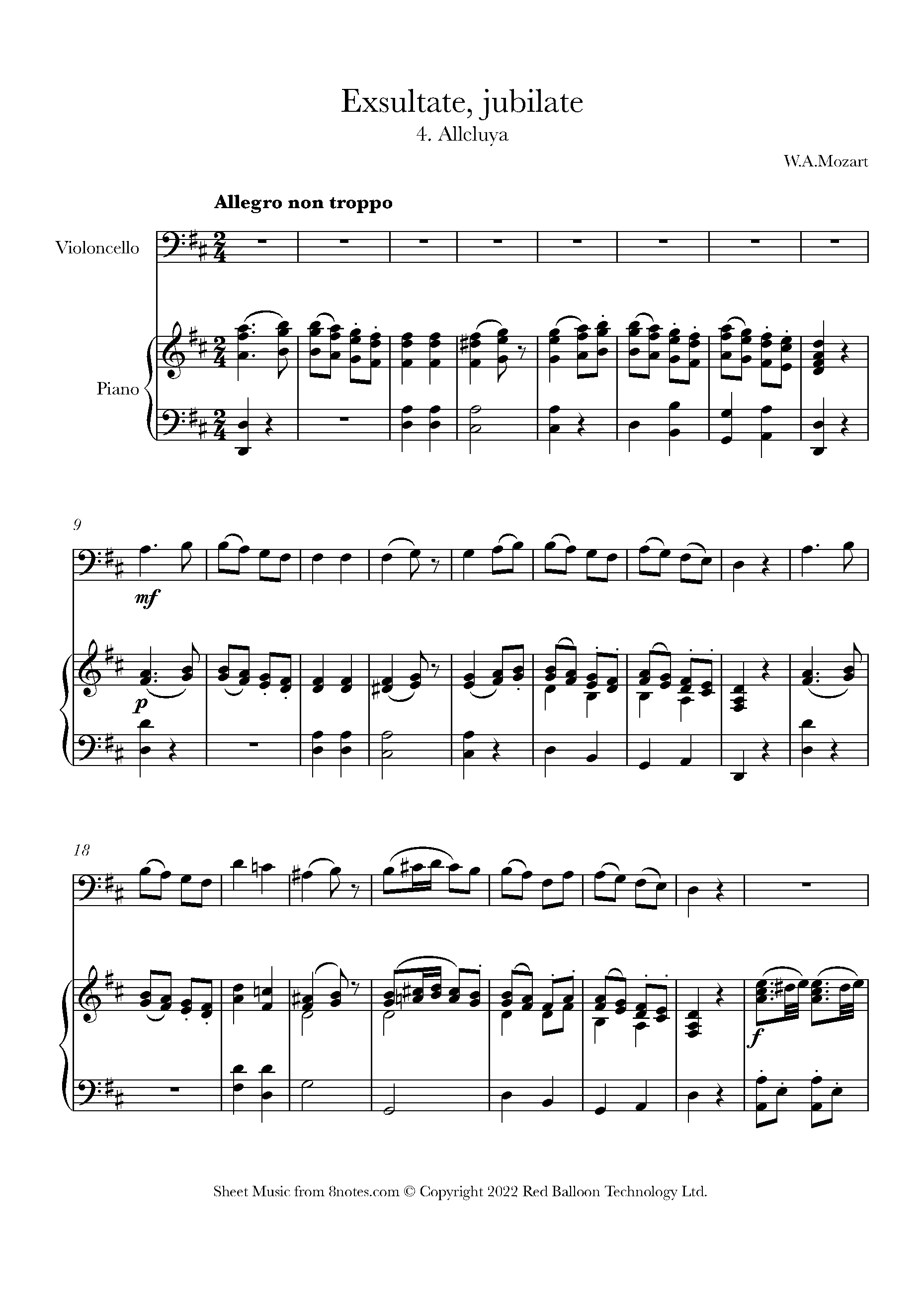Mozart - Exsultate, jubilate 4. Alleluya Sheet music for Cello - 8notes.com