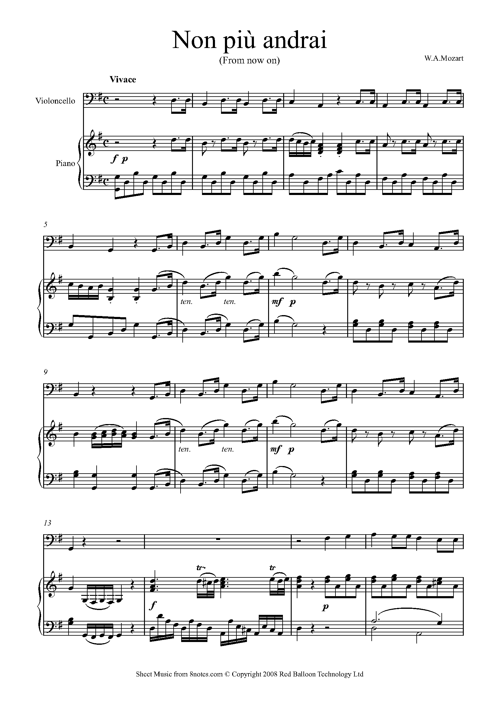 Mozart - Non Piu Andrai from Marriage of Figaro Sheet music for Cello ...