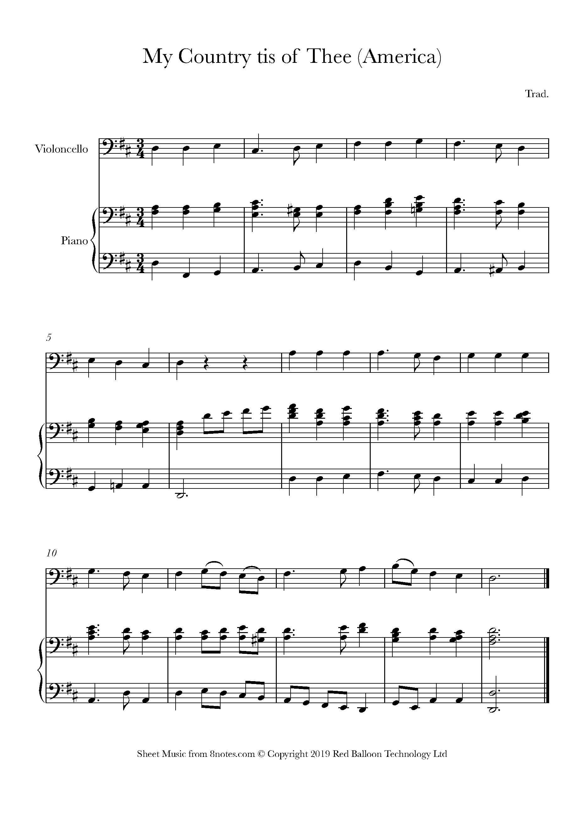 My Country Tis of Thee (America) Sheet music for Cello - 8notes.com