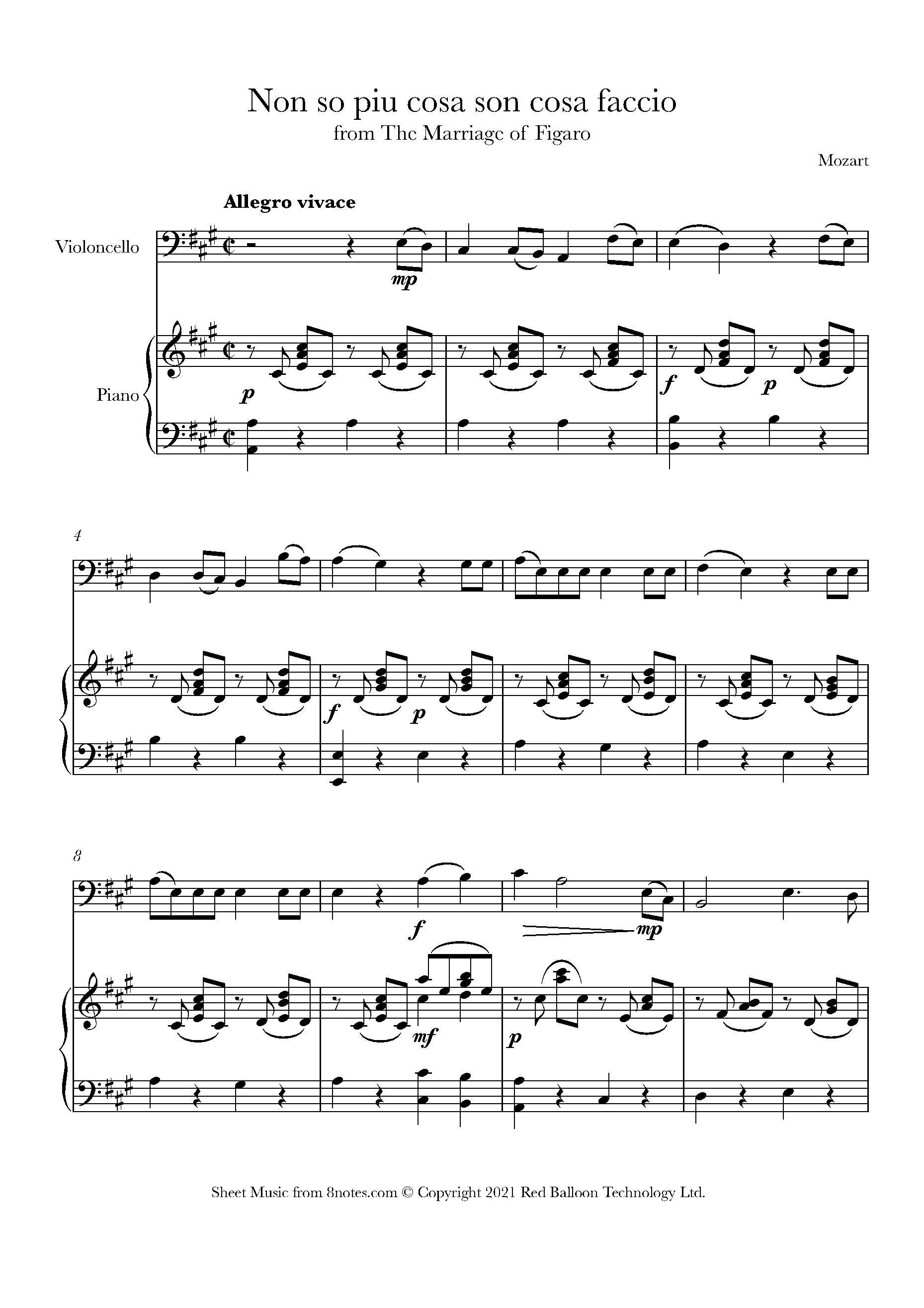 Mozart - Non so piu cosa son cosa faccio (The Marriage of Figaro) Sheet ...