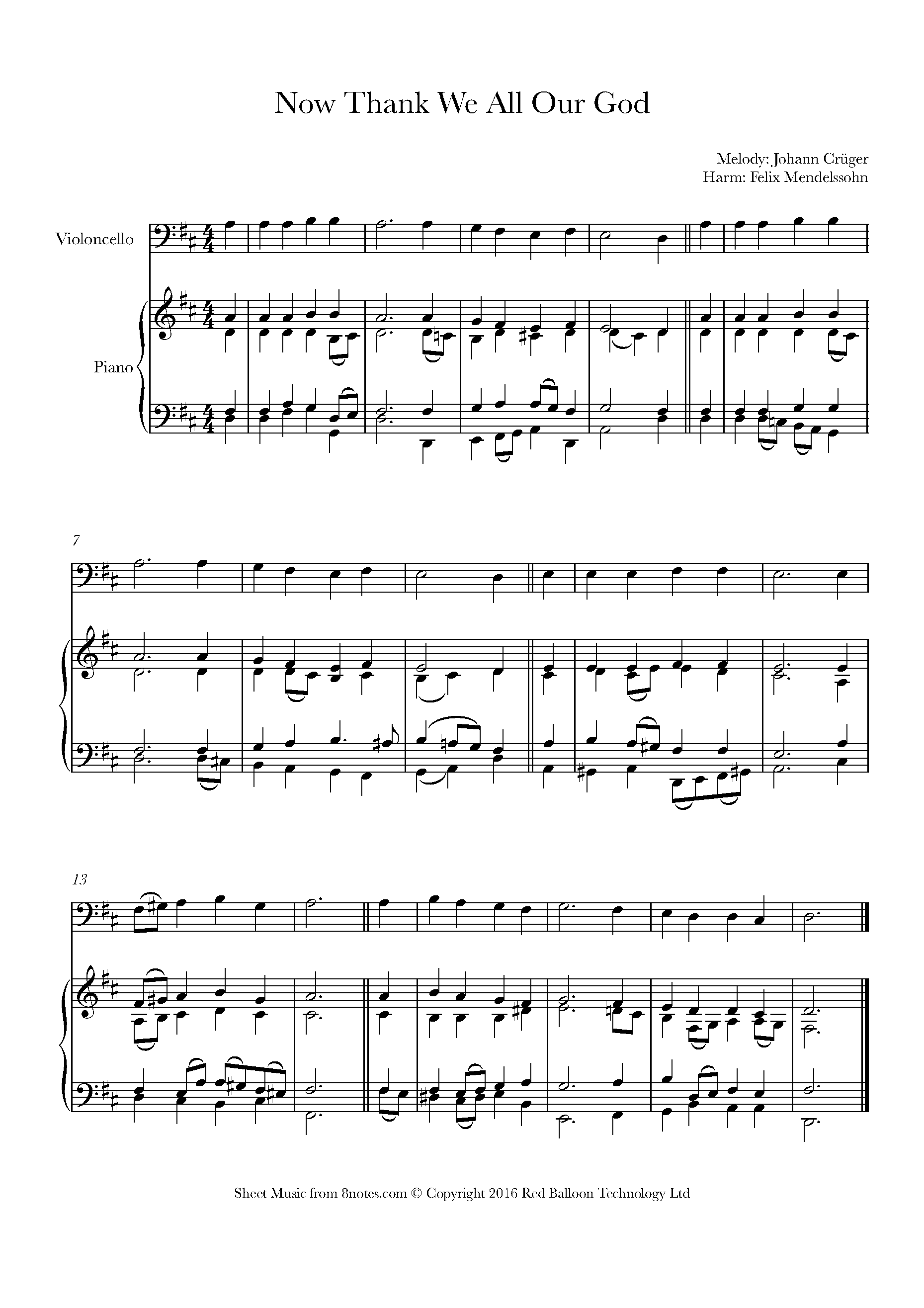 Mendelssohn - Now Thank We All Our God Sheet music for Cello - 8notes.com