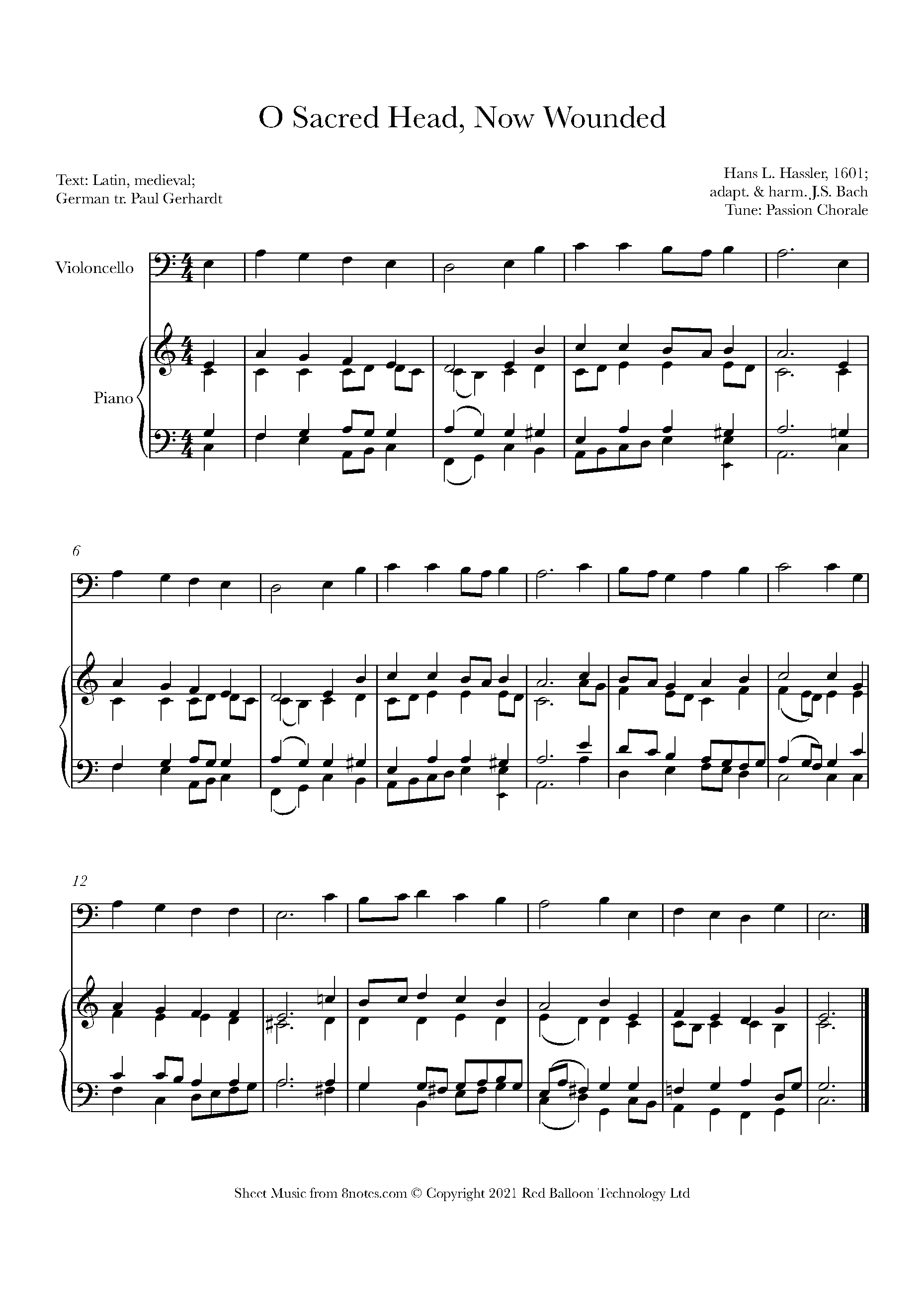 Hassler - O Sacred Head, Now Wounded Sheet music for Cello - 8notes.com
