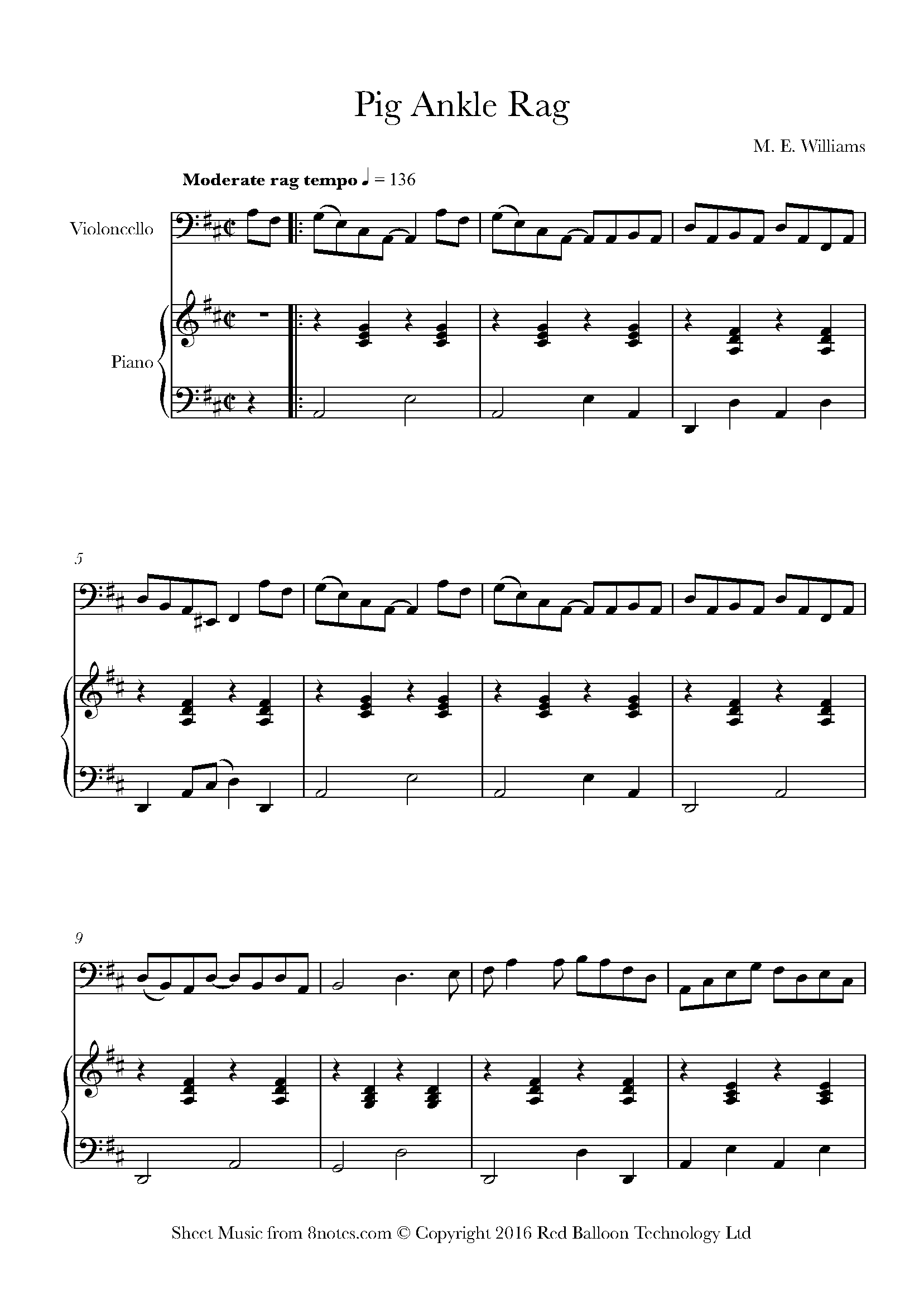 M. E. Williams - Pig Ankle Rag Sheet music for Cello - 8notes.com