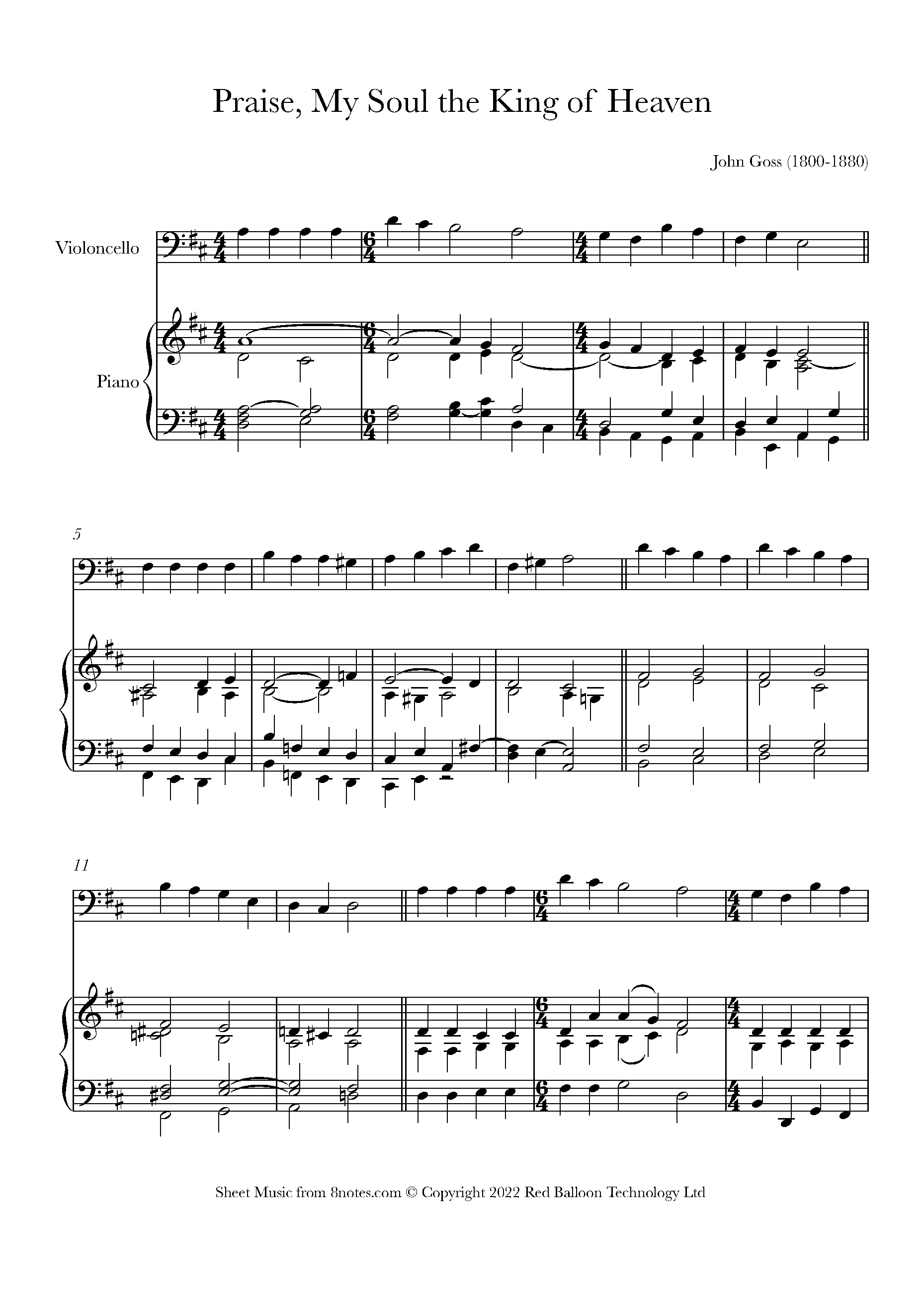 Goss - Praise, My Soul the King of Heaven Sheet music for Cello ...