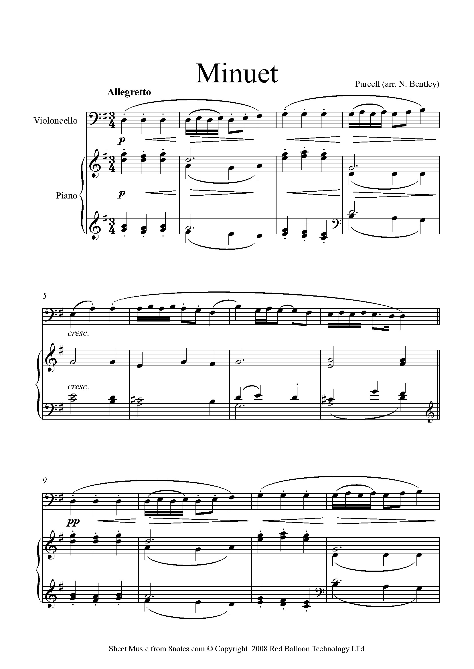 Purcell - Minuet Sheet music for Cello - 8notes.com