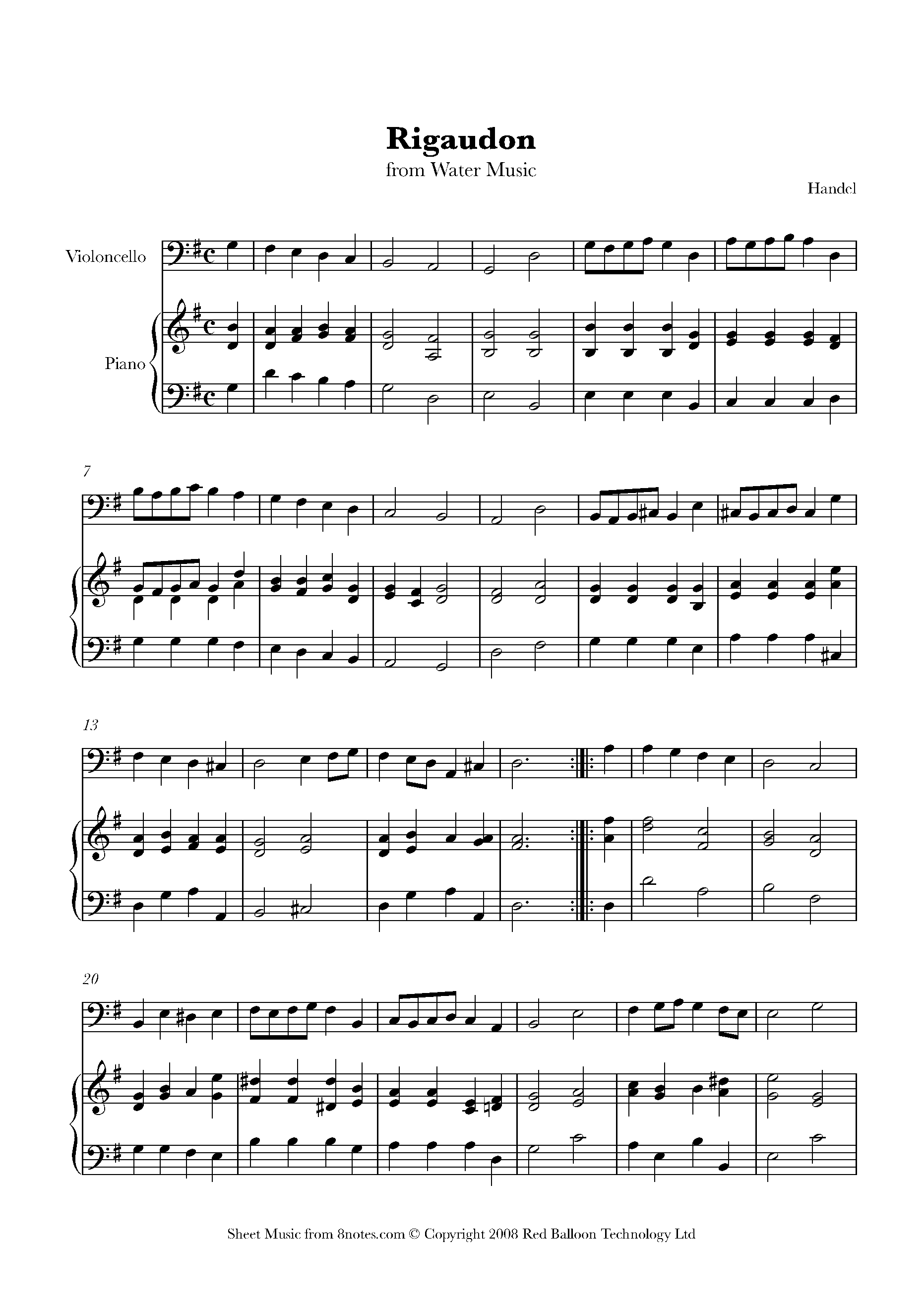 Handel - Rigaudon from Water Music Sheet music for Cello - 8notes.com