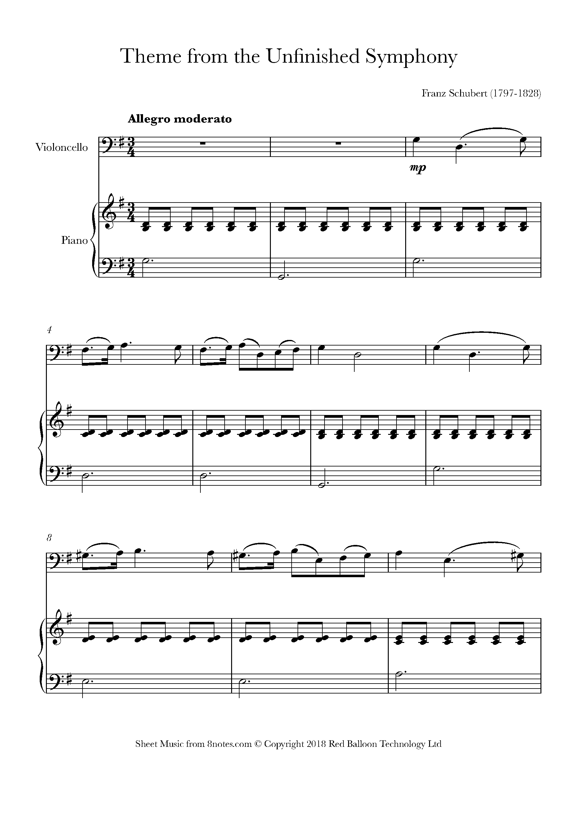 Schubert - Theme from Unfinished Symphony Sheet music for Cello ...