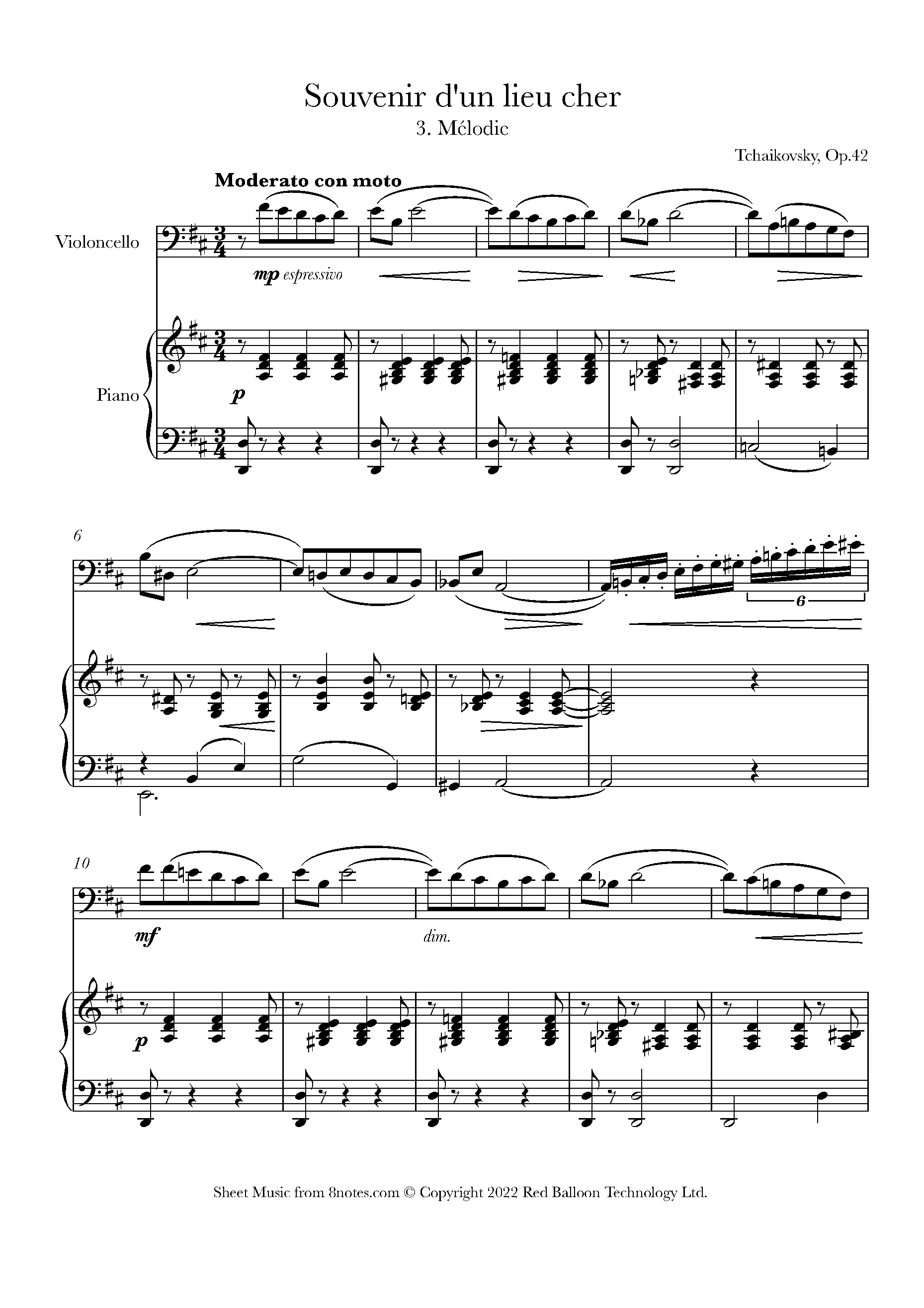 Tchaikovsky - Melodie, No. 3 from Souvenir d'un lieu cher Op.42 Sheet ...