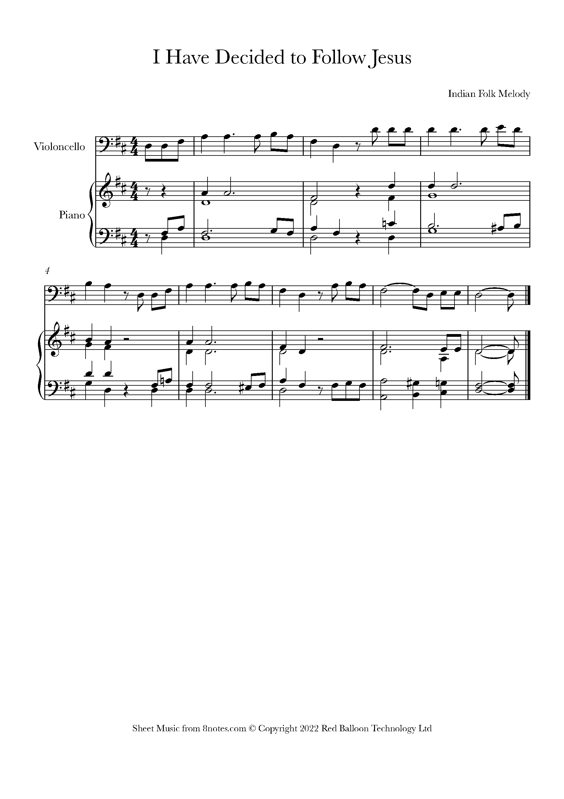I Have Decided to Follow Jesus Sheet music for Cello - 8notes.com