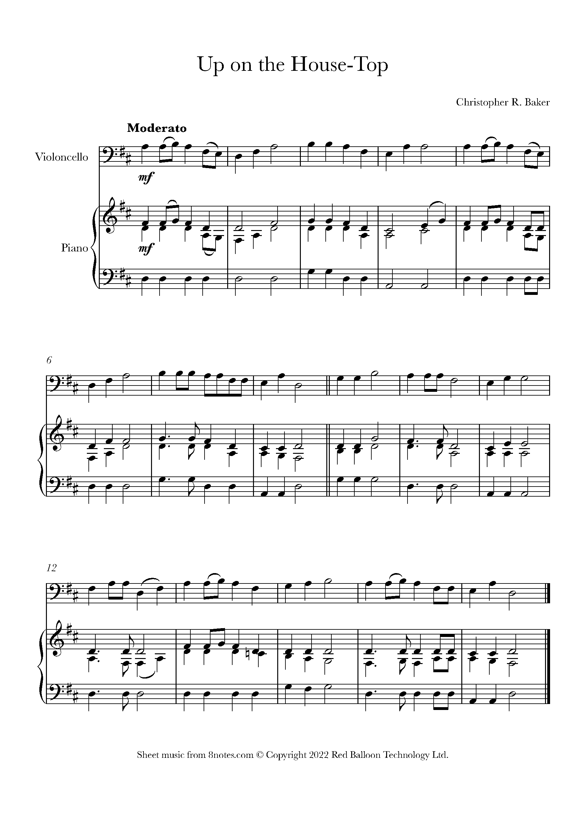 Baker - Up on the House-Top Sheet music for Cello - 8notes.com