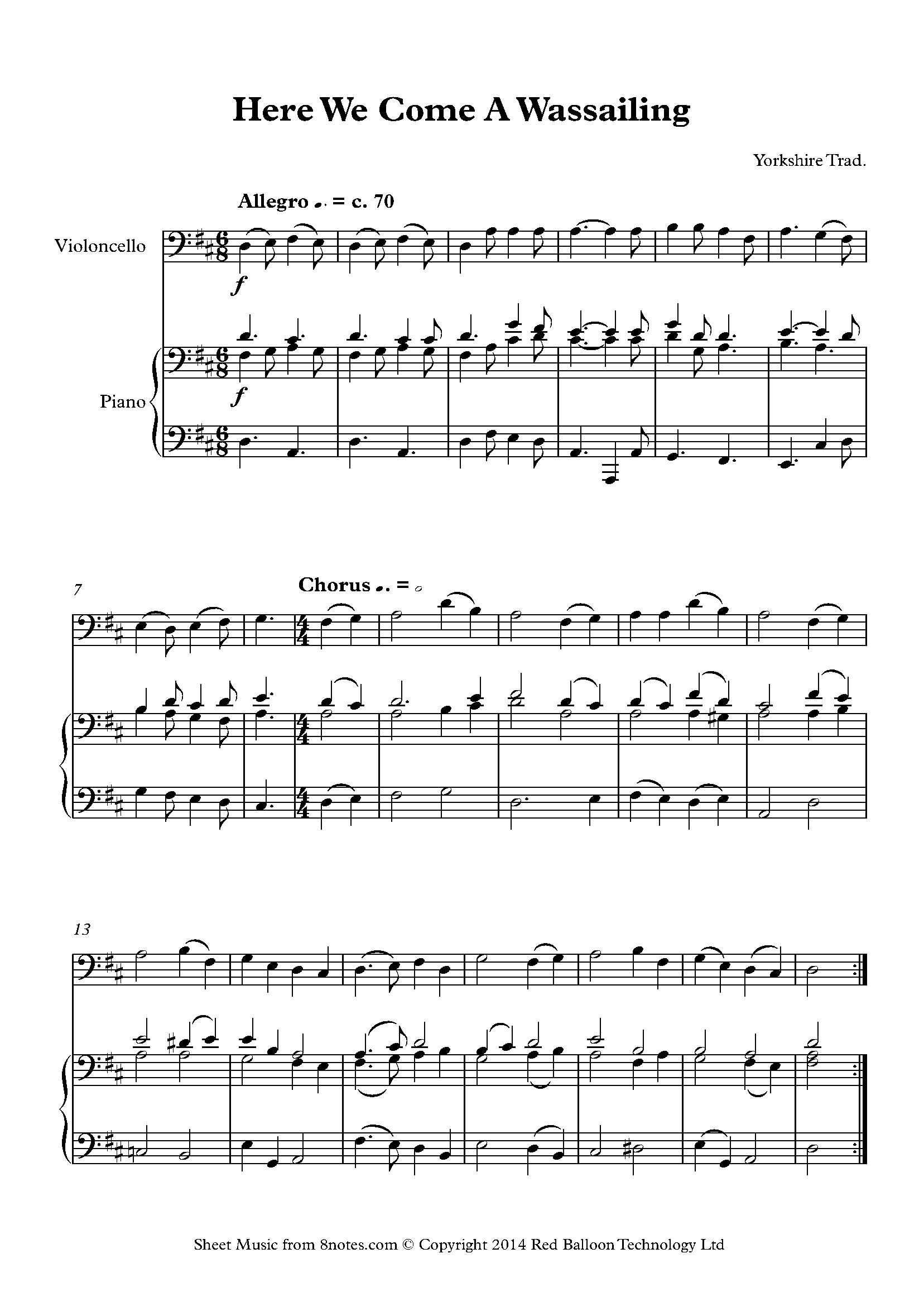 Here We Come A Wassailing (Traditional Yorkshire) Sheet music for Cello ...