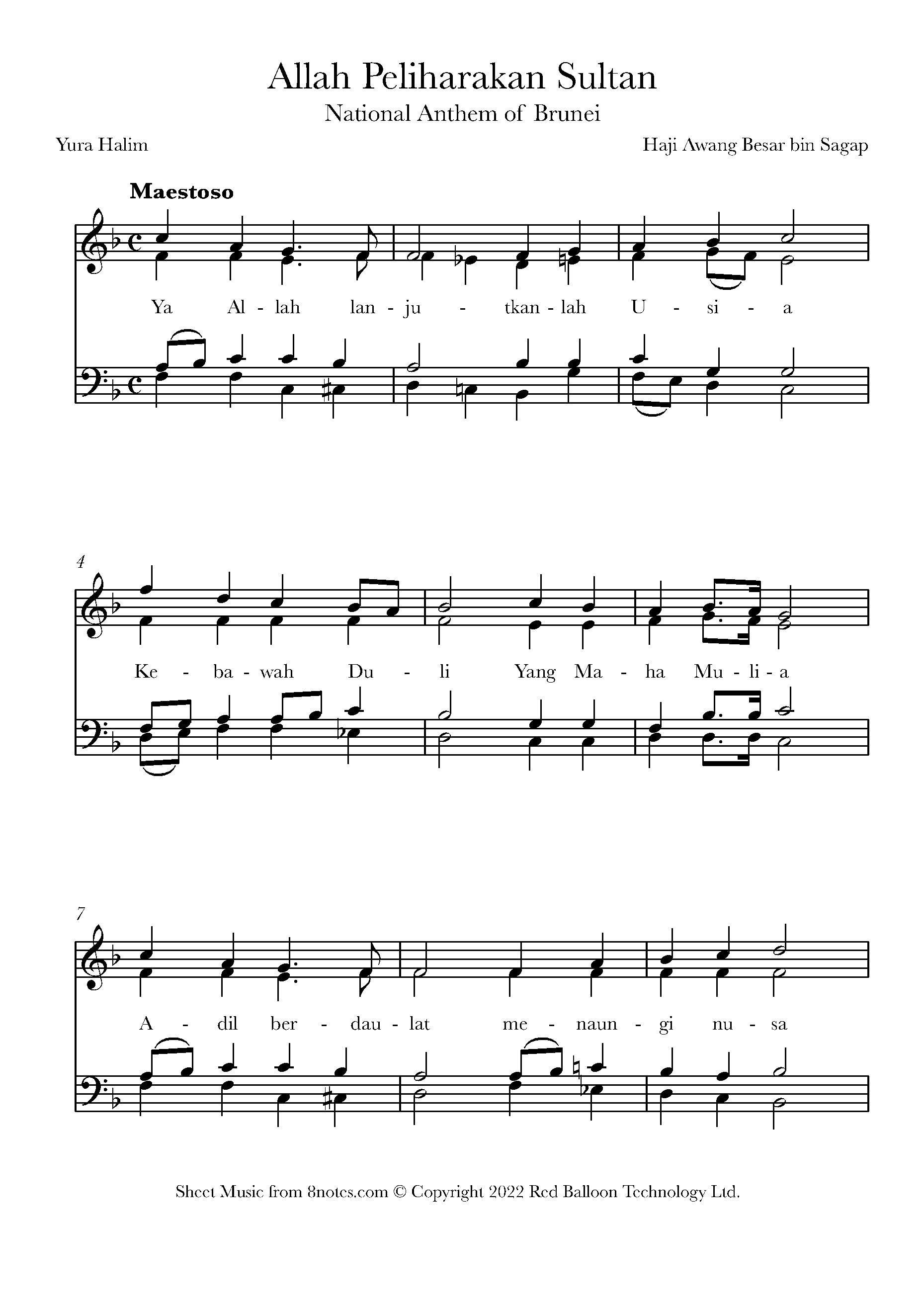 Allah Peliharakan Sultan, National Anthem of Brunei Sheet music for ...