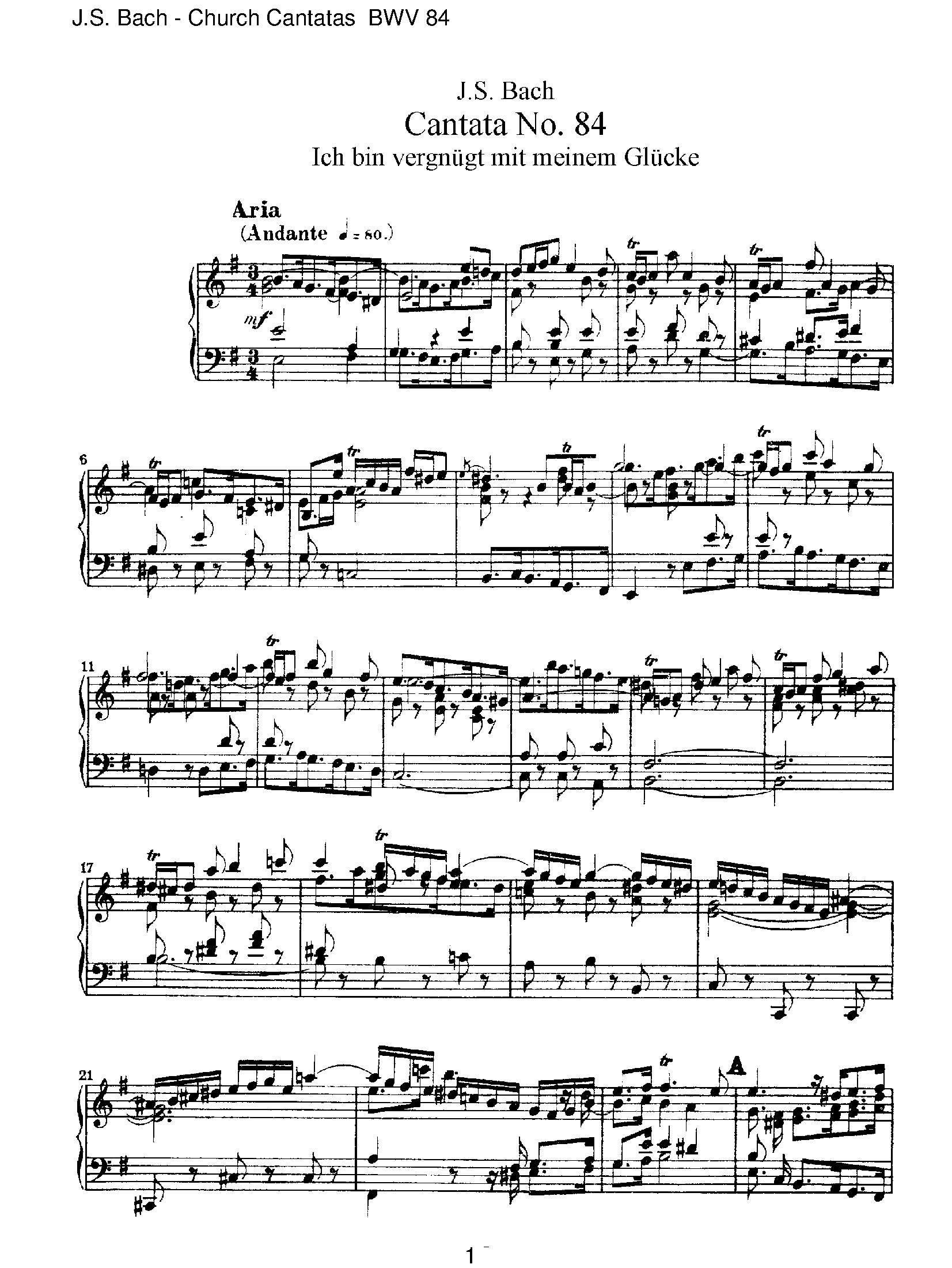 Bach, Johann Sebastian - Church Cantatas - BWV 84 Ich bin vergnügt mit meinem Glücke Sheet music ...