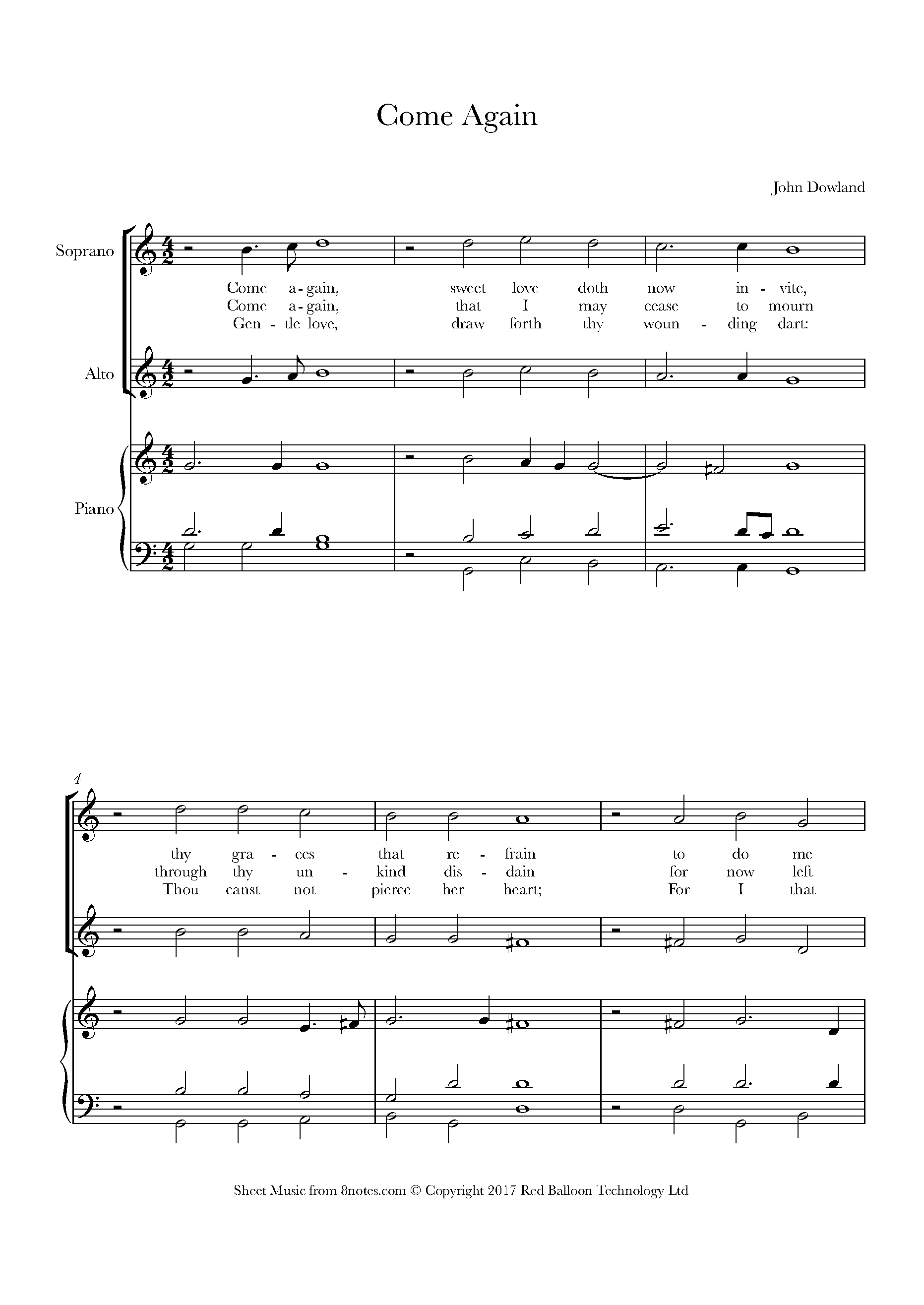 Dowland, John - Come Again Sheet music for Choir - 8notes.com