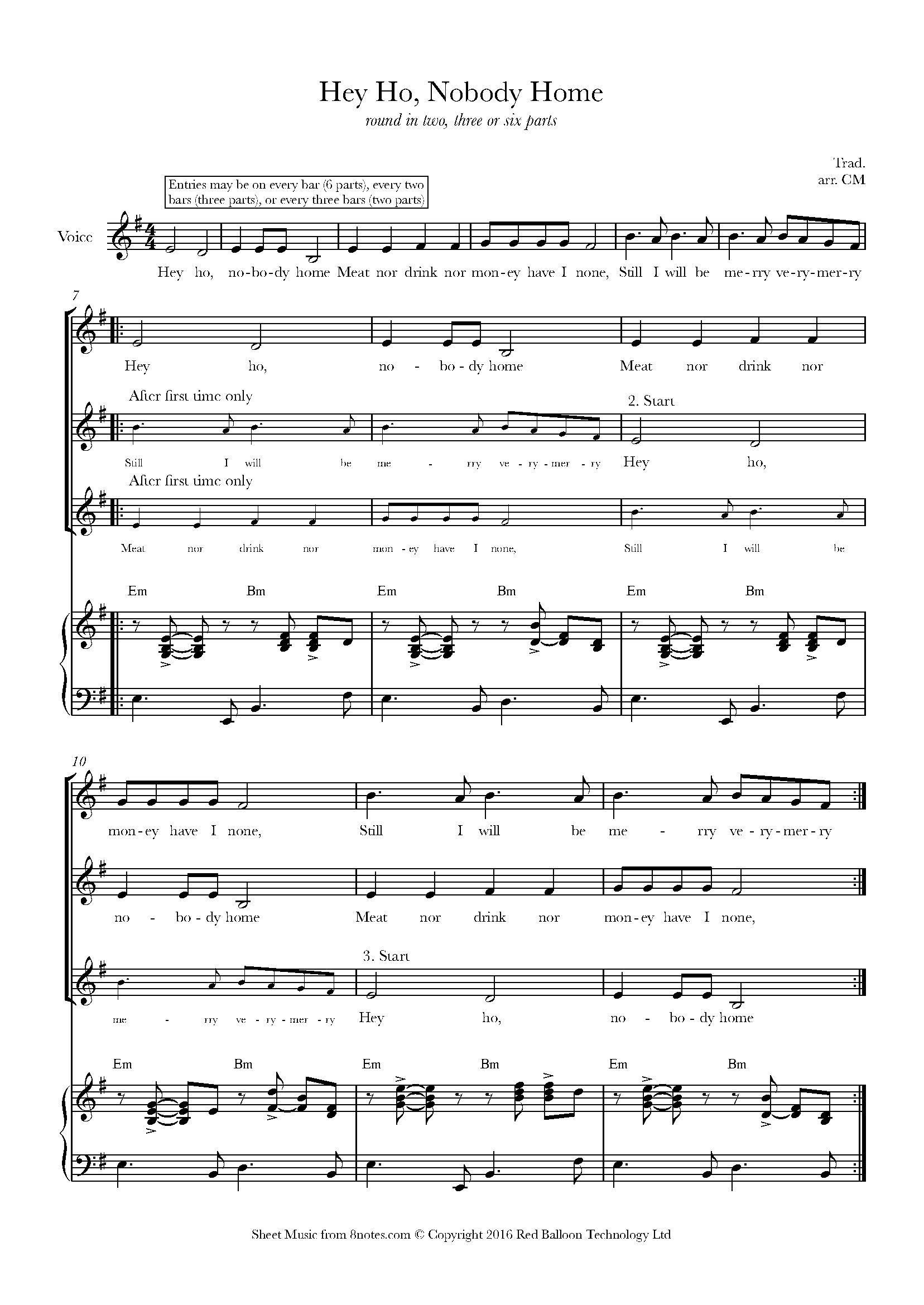 Hey Ho Nobody Home Round In Two Three Or Six Parts Sheet Music For