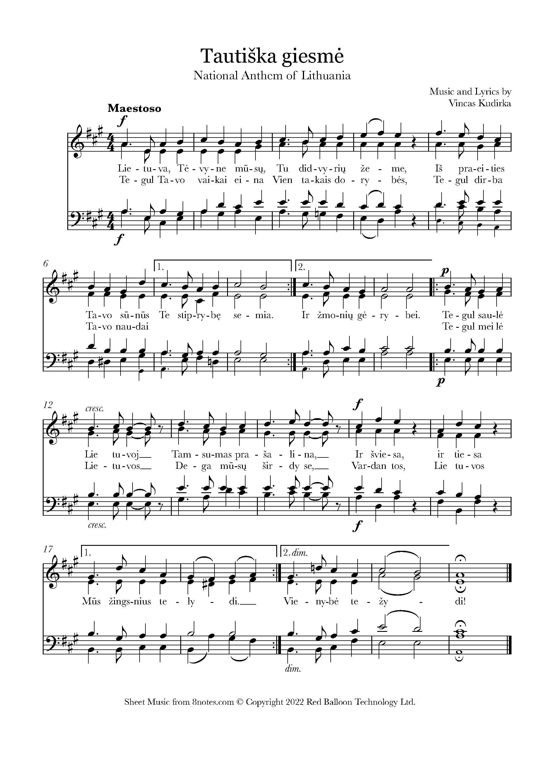 Tautiška giesmė (National Anthem of Lithuania) Sheet music for Choir ...