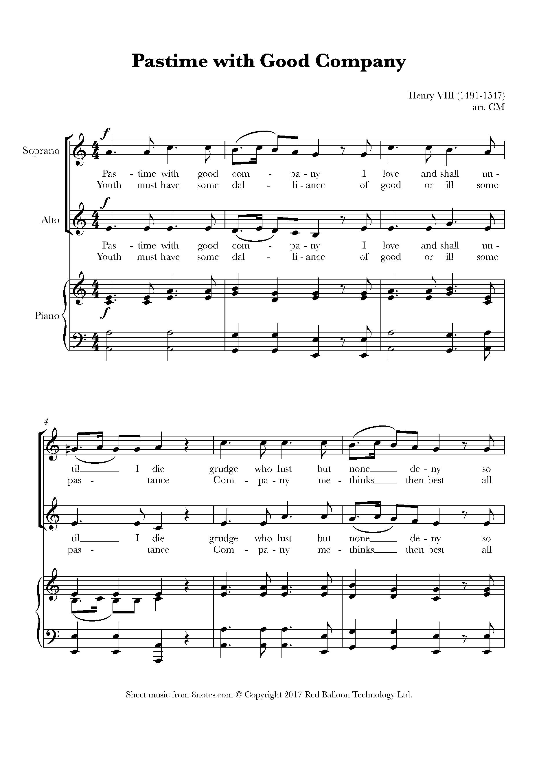 Henry VIII - Pastime with Good Company Sheet music for Choir - 8notes.com