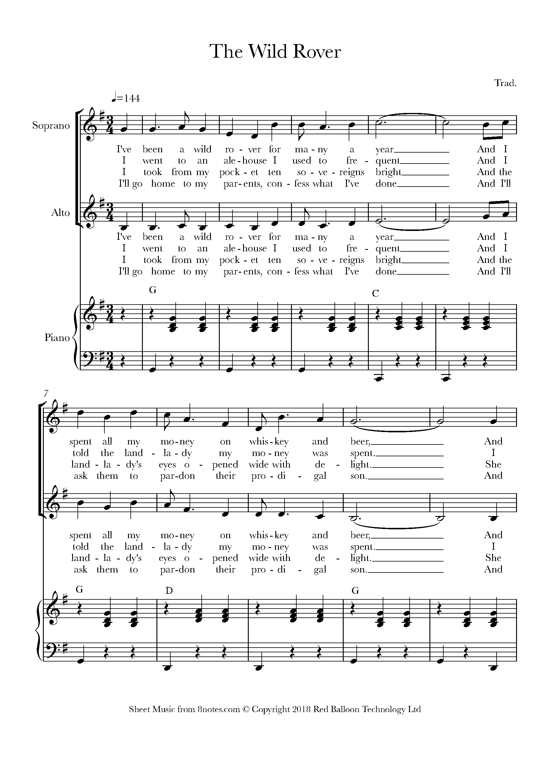 Wild Rover Sheet Music For Voice Piano Or Guitar Pdf