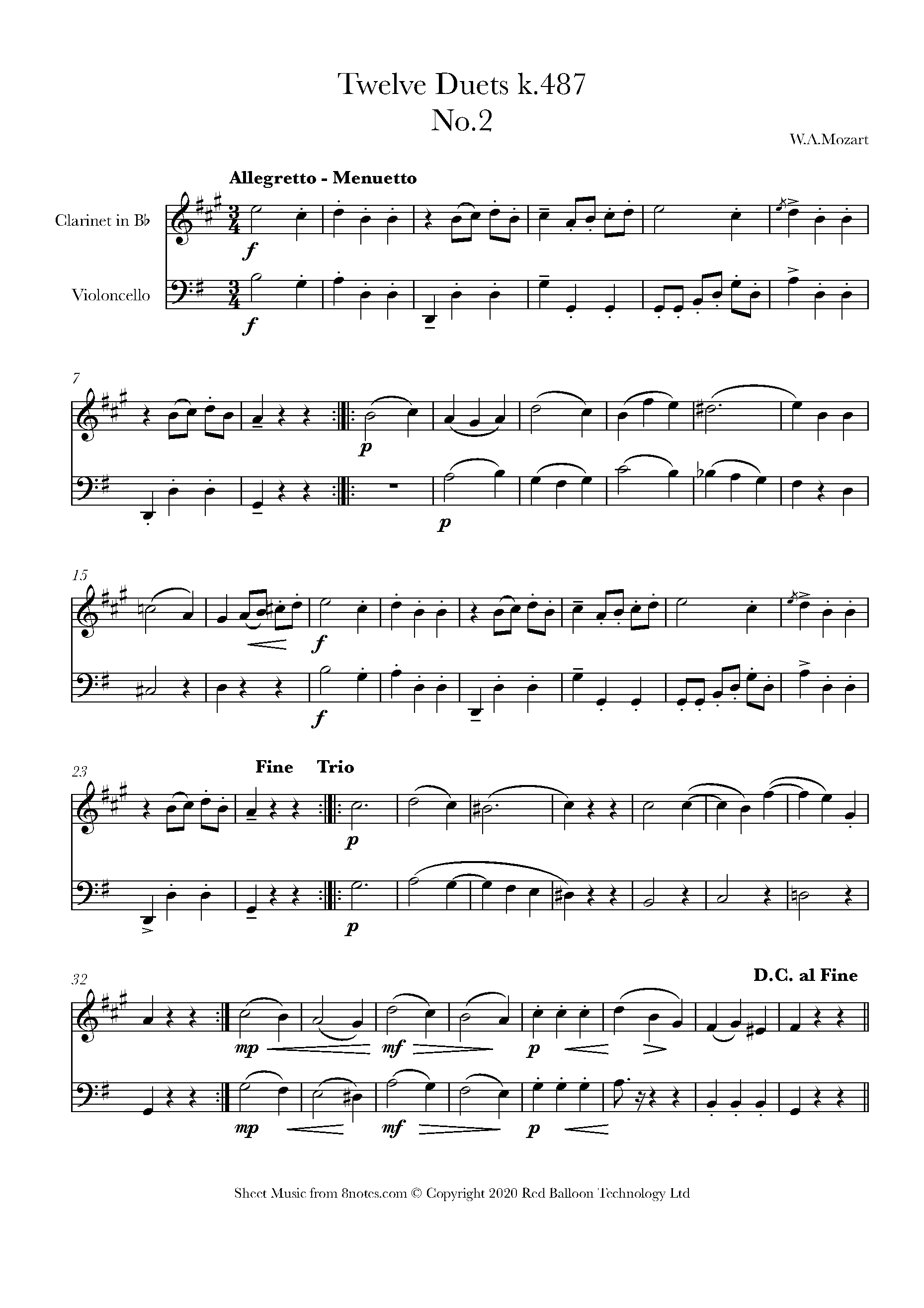 Mozart - Twelve Duets k.487 no.2 Sheet music for Clarinet-Cello Duet ...