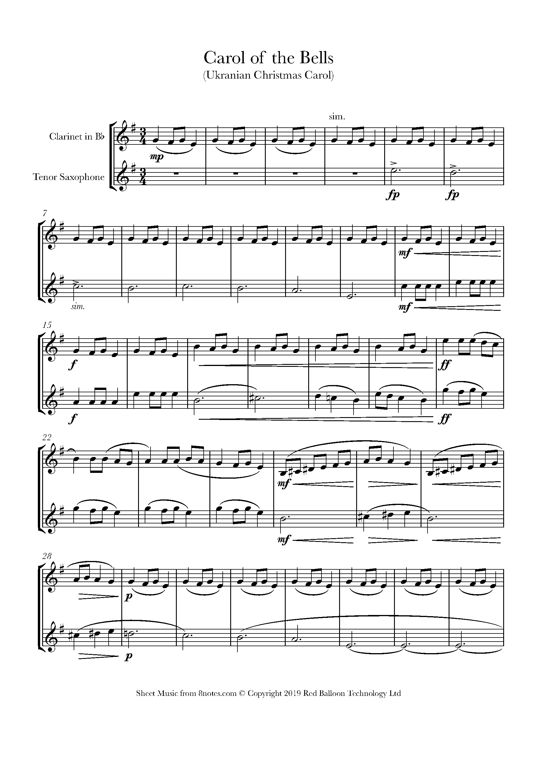 Carol of the Bells Sheet music for Clarinet-Tenor Saxophone - 8notes.com
