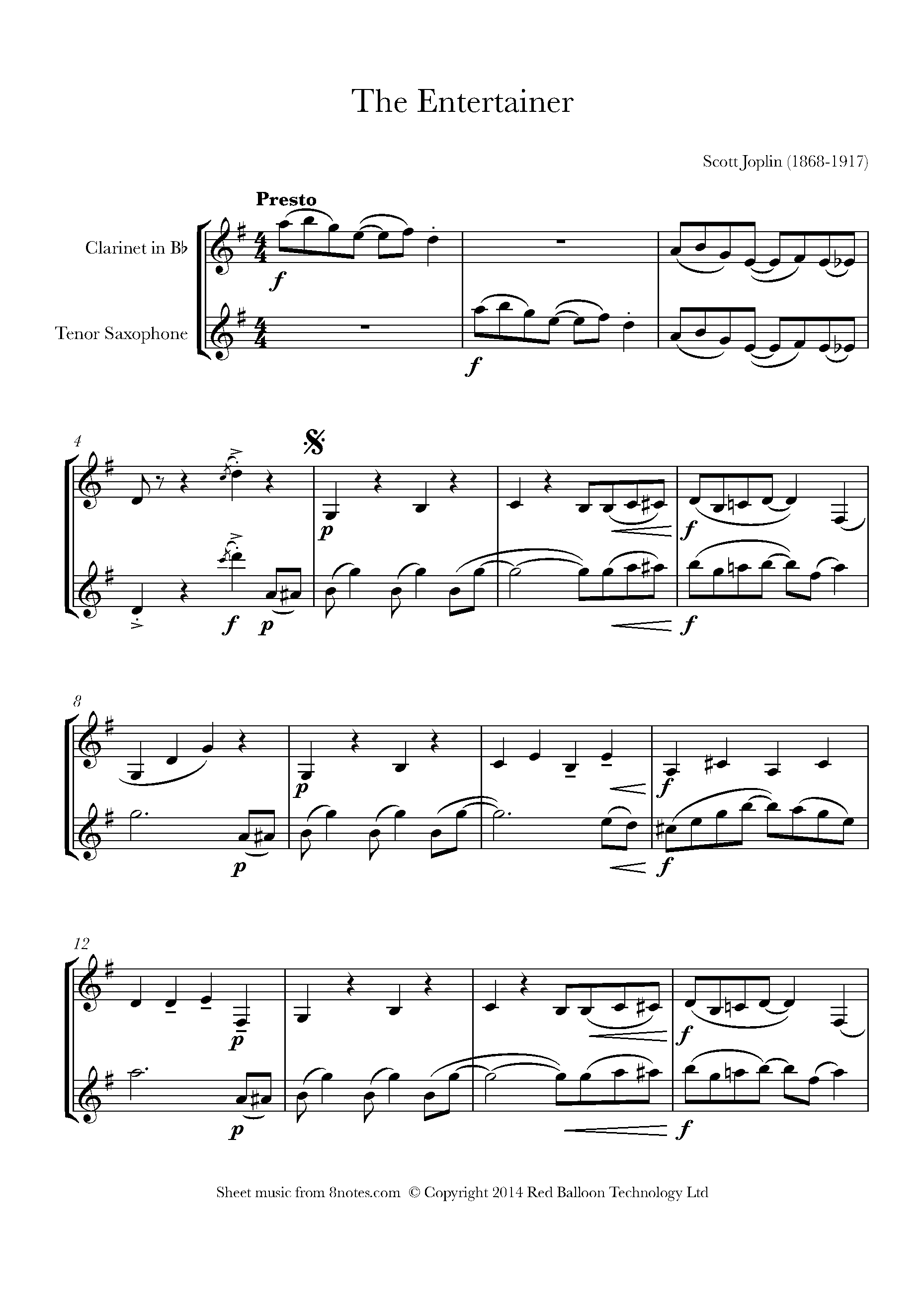 Scott Joplin - The Entertainer Sheet music for Clarinet-Tenor Saxophone ...