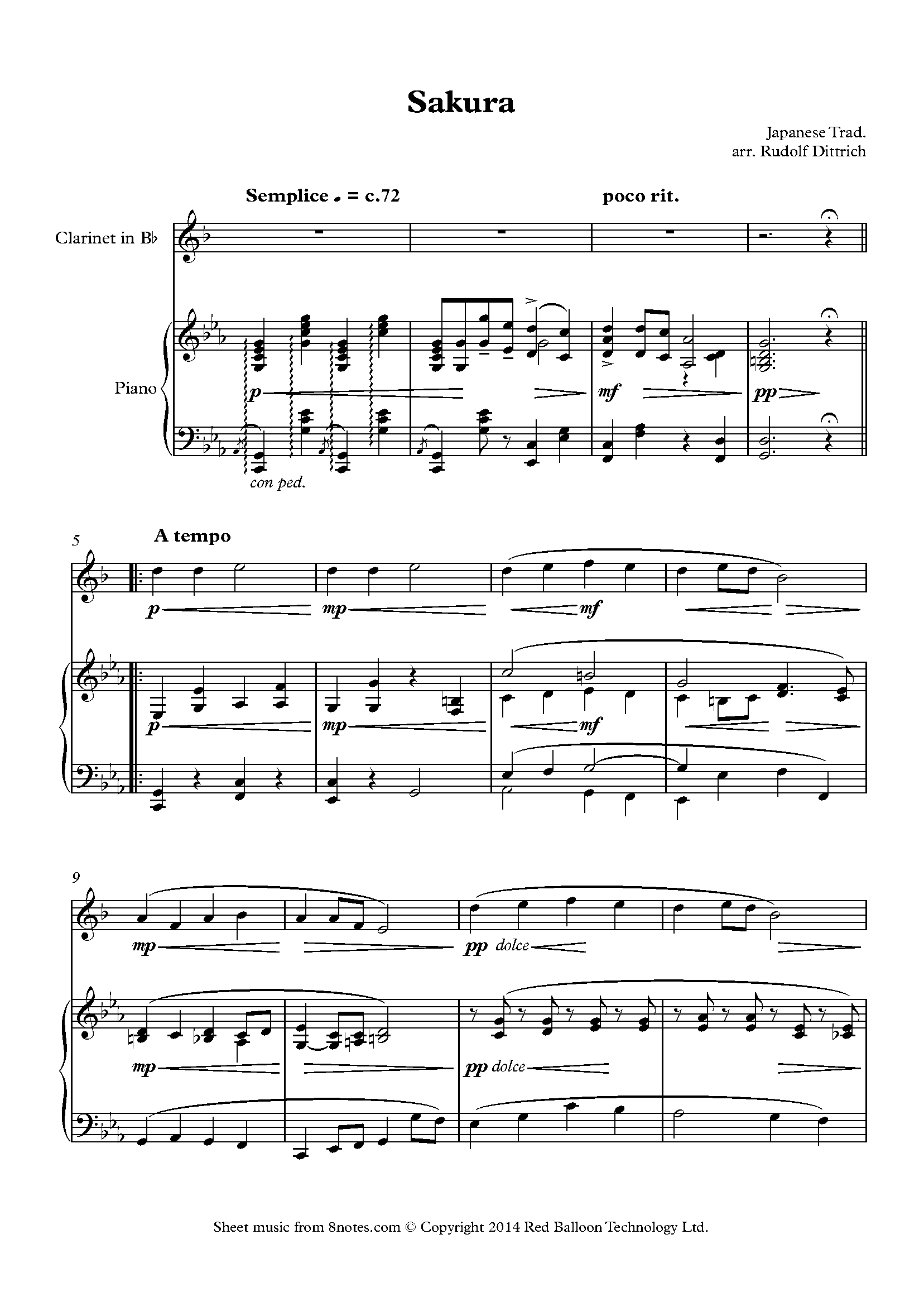 Sakura (Japanese Trad. arr. Rudolf Dittrich) Sheet music for Clarinet ...