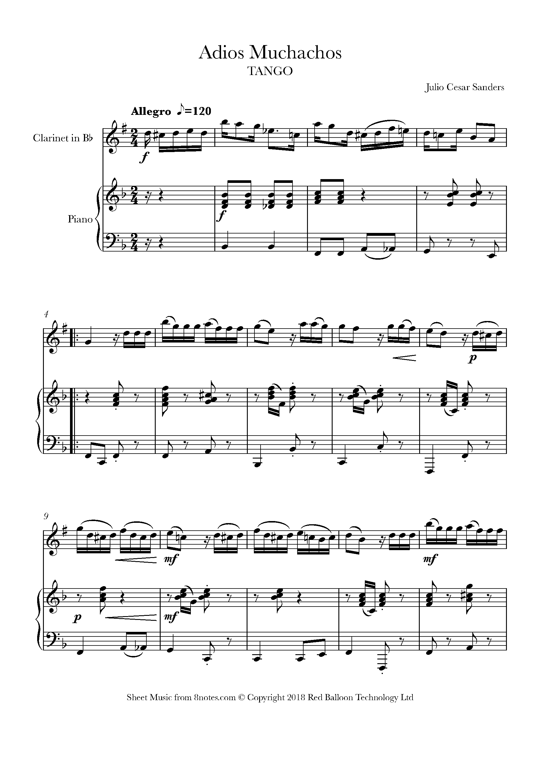 Julio Cesar Sanders - Adios Muchachos (Tango) Sheet music for Clarinet ...