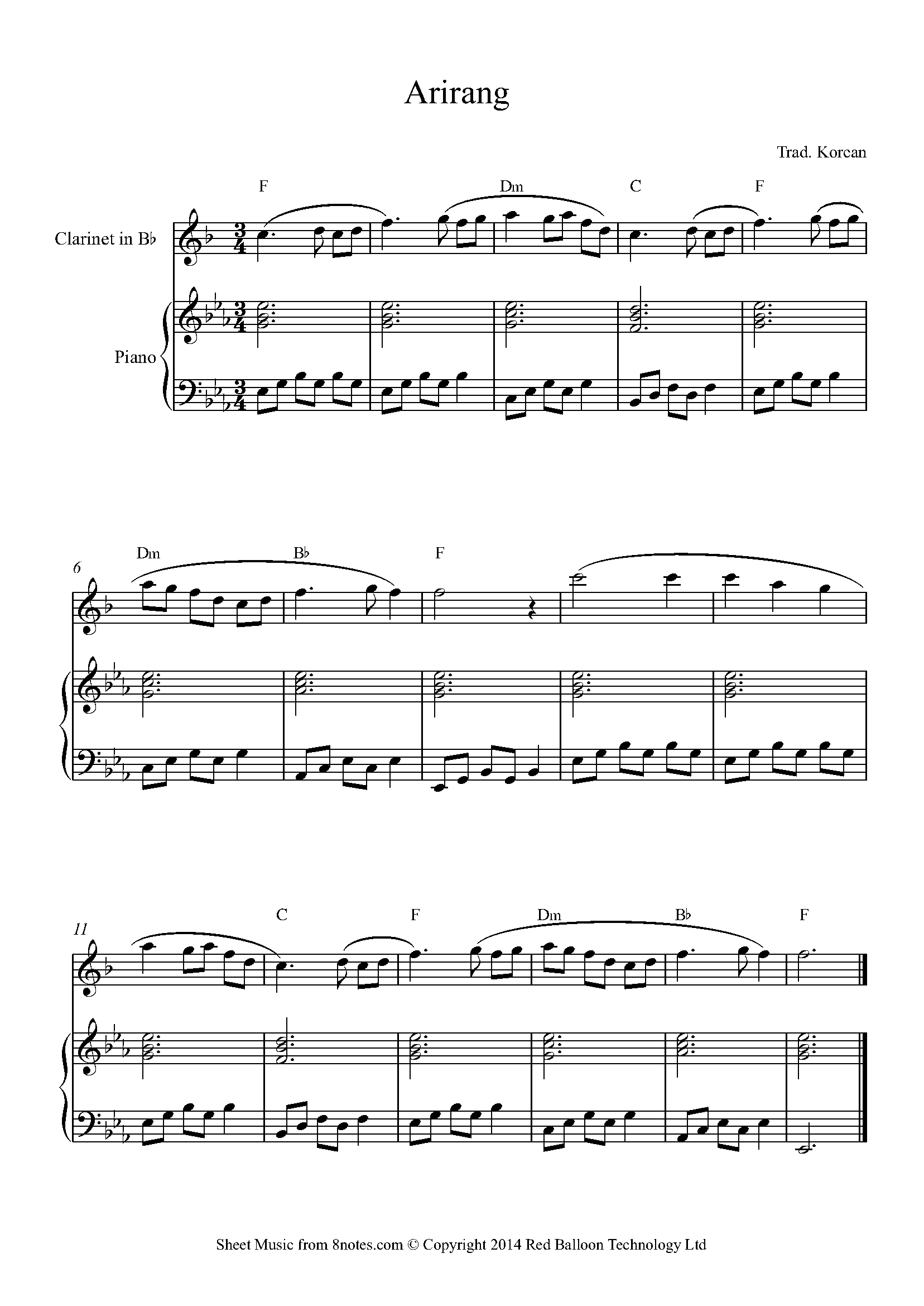 Arirang (traditional Korean) Sheet music for Clarinet - 8notes.com