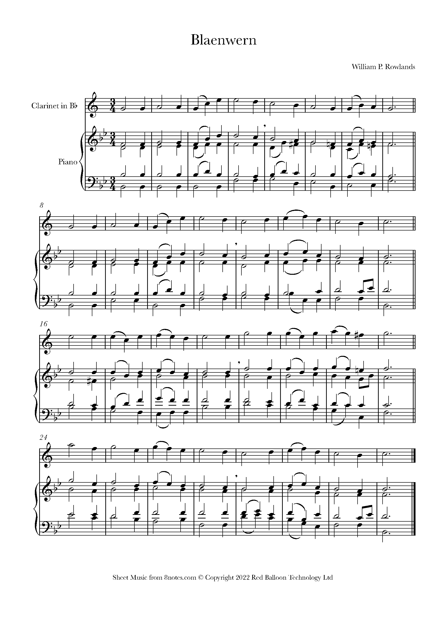 Rowlands - Blaenwern Sheet music for Clarinet - 8notes.com