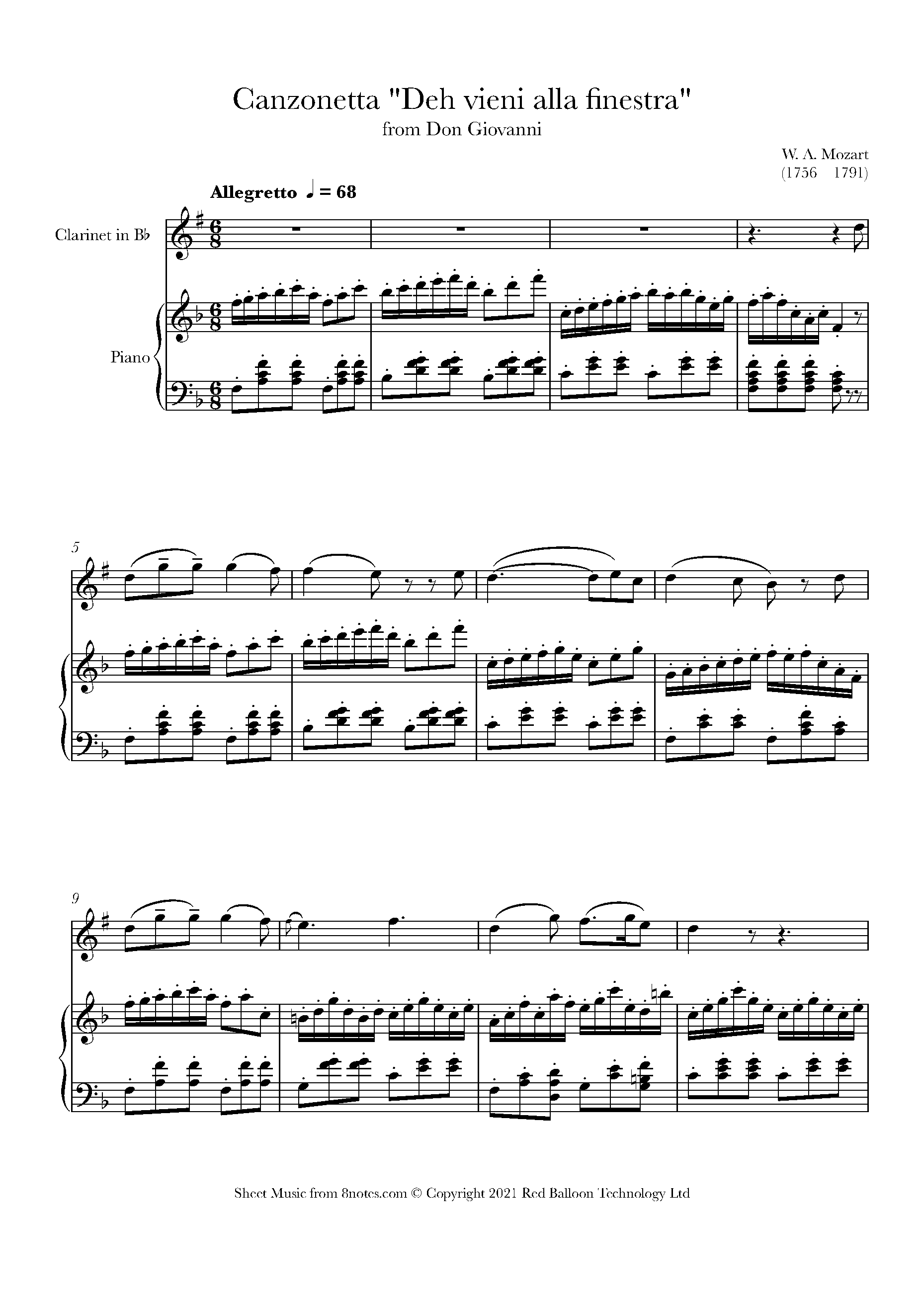 Mozart - Canzonetta - Deh vieni alla finestra from Don Giovanni Sheet ...