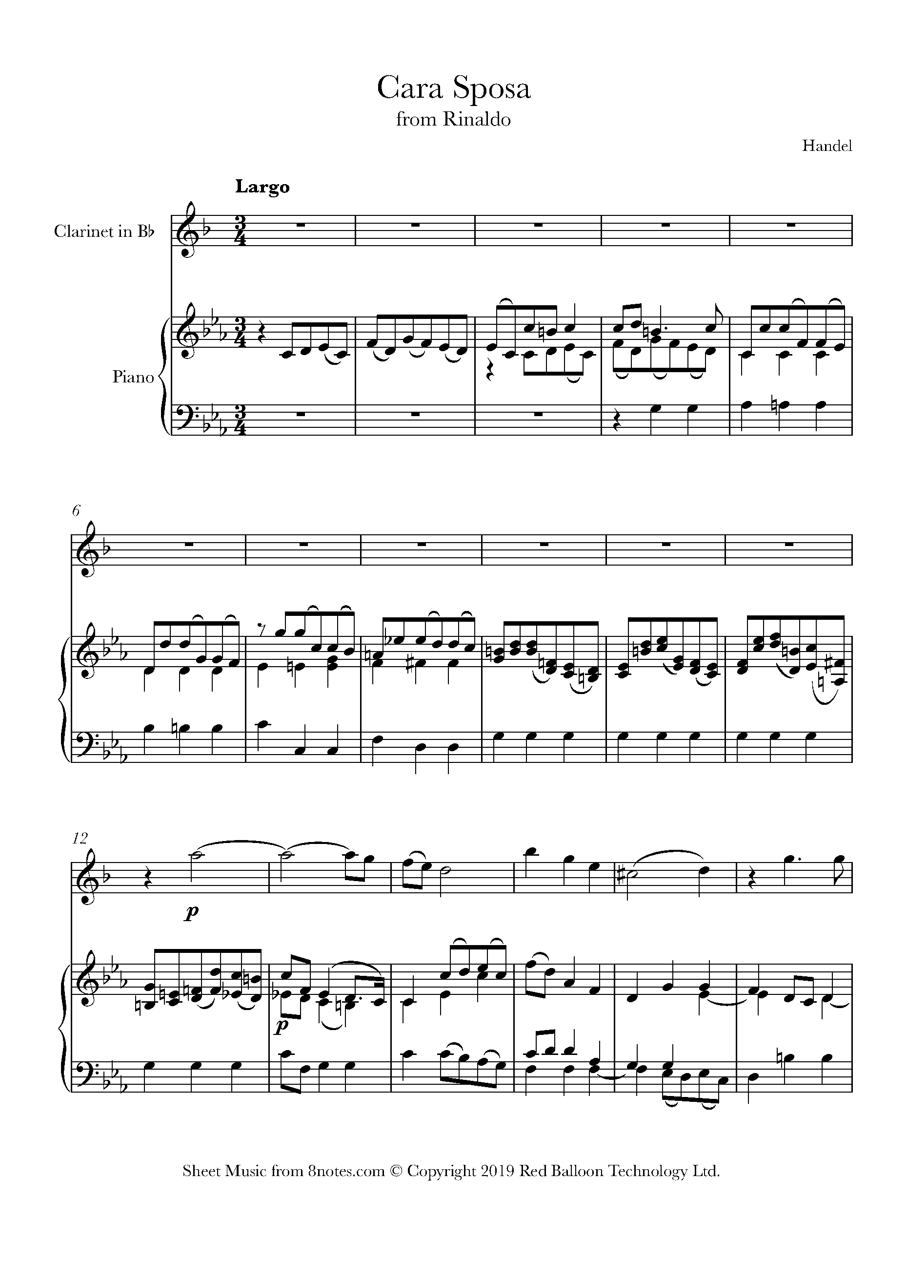 Handel - Cara Sposa from Rinaldo Sheet music for Clarinet - 8notes.com