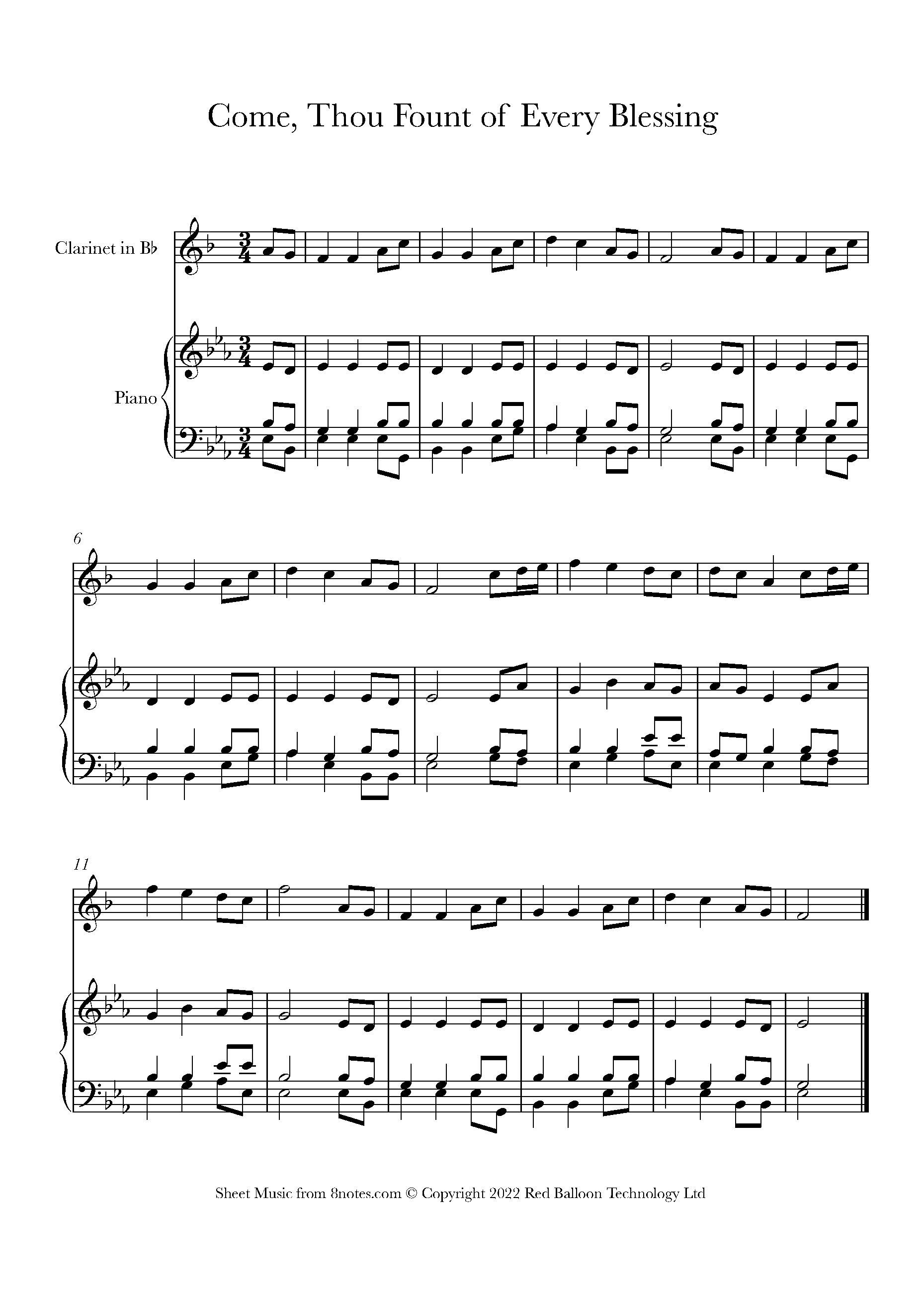 Come, Thou Fount of Every Blessing Sheet music for Clarinet - 8notes.com