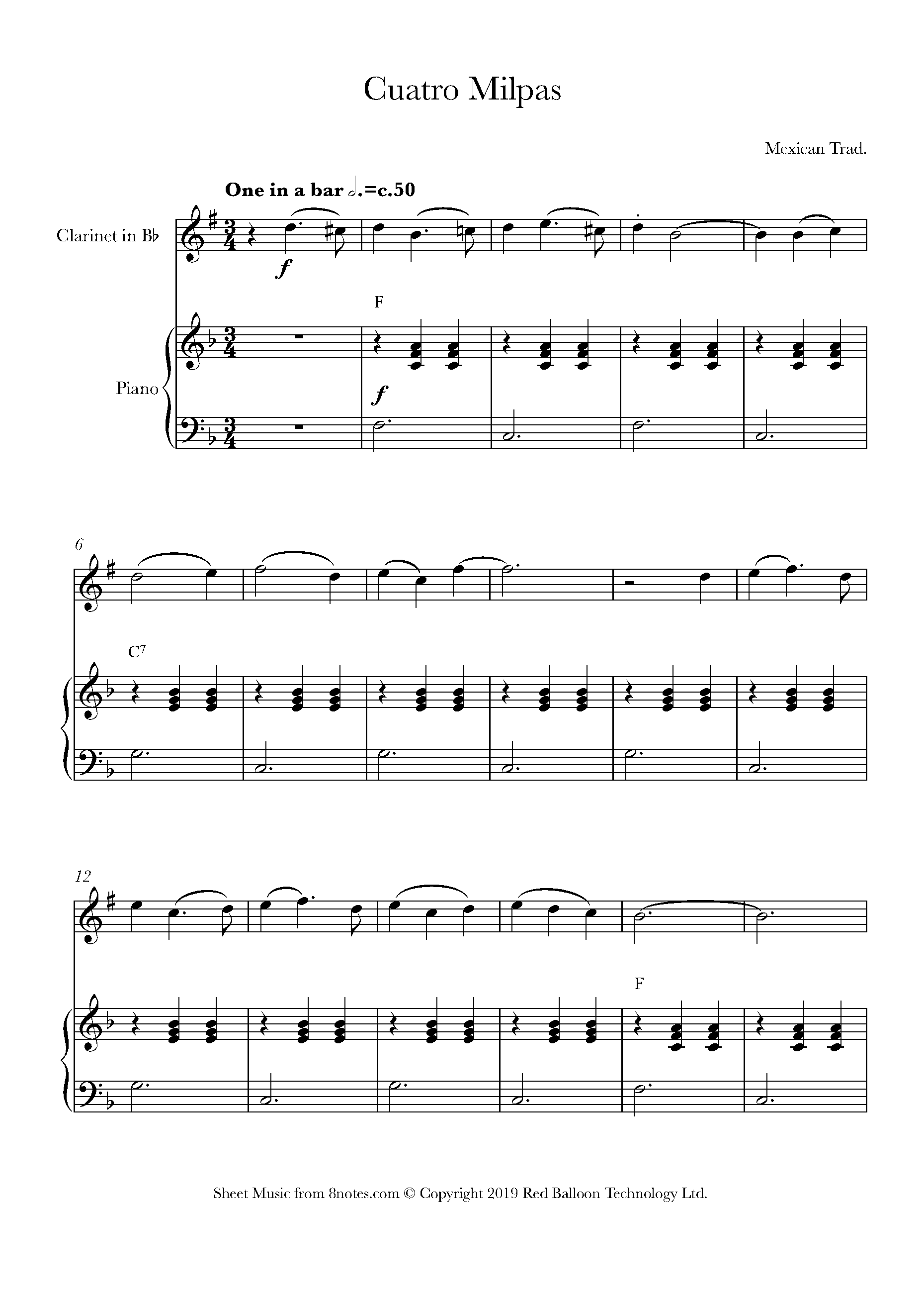 Cuatro Milpas (Mexican Traditional Song) Sheet music for Clarinet ...