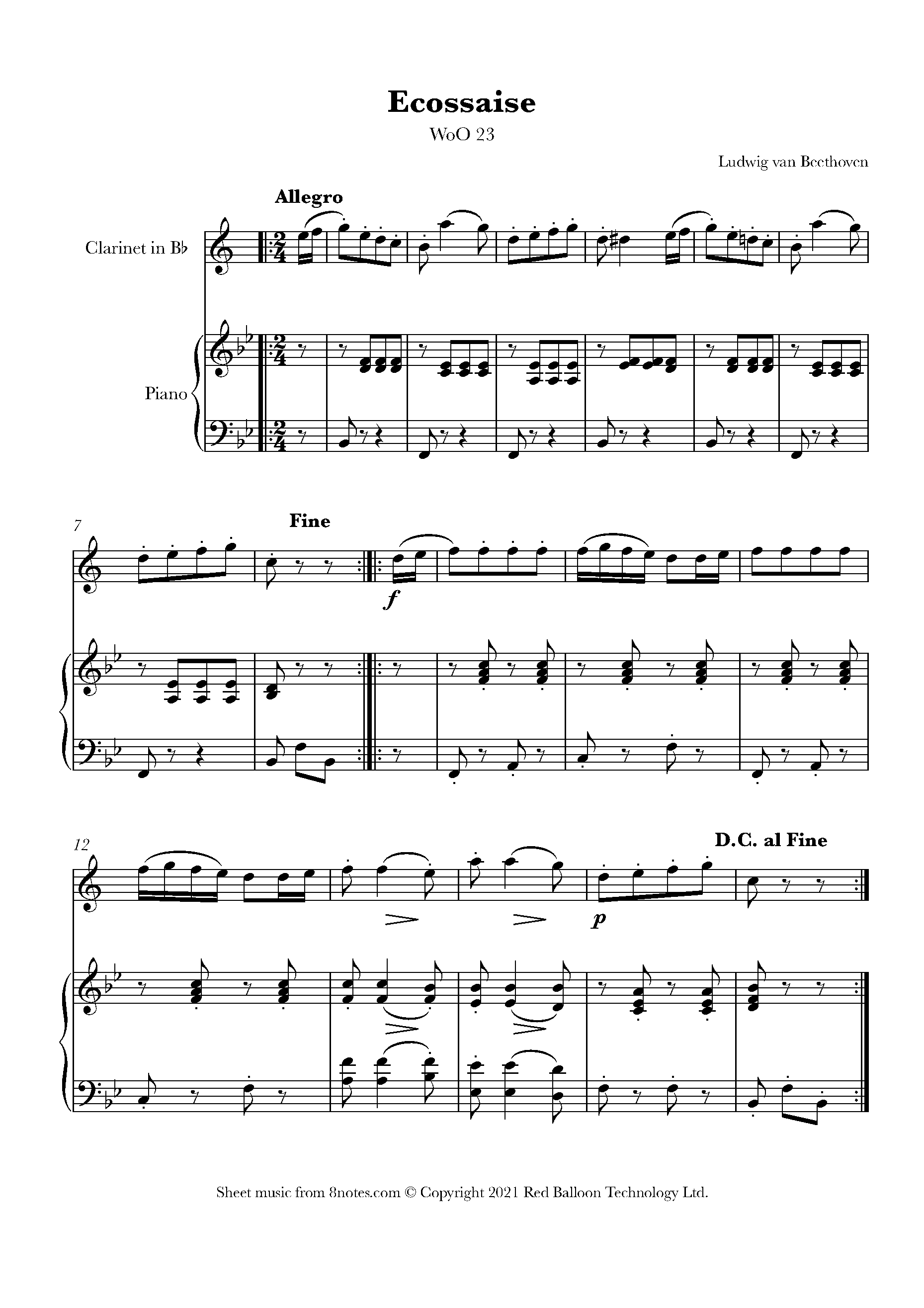Beethoven - Ecossaise WoO 23 Sheet music for Clarinet - 8notes.com