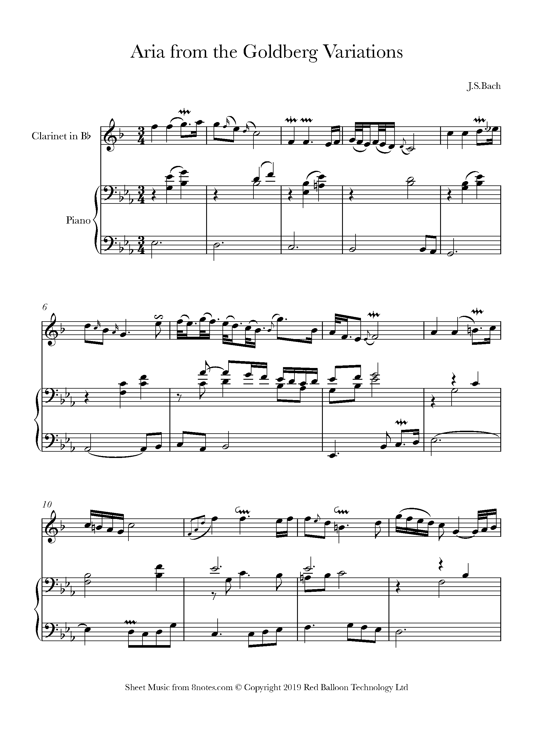 Bach - Aria from the Goldberg Variations Sheet music for Clarinet ...