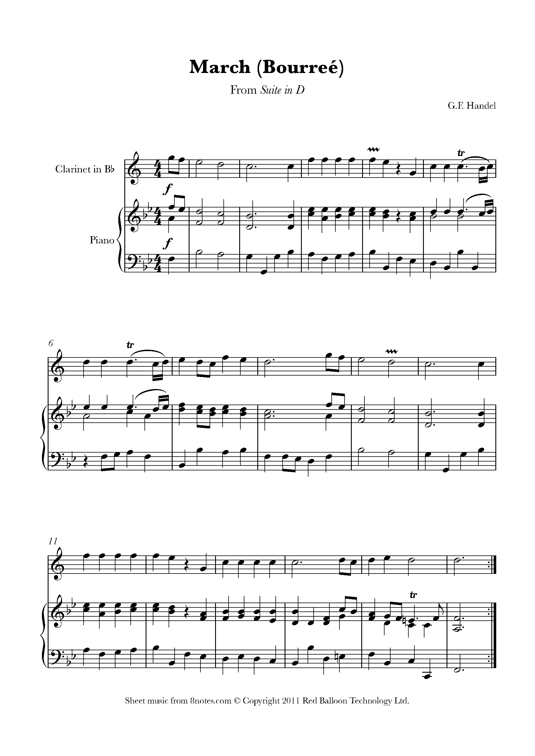 Handel - March -Bourree From Suite in D Sheet music for Clarinet ...